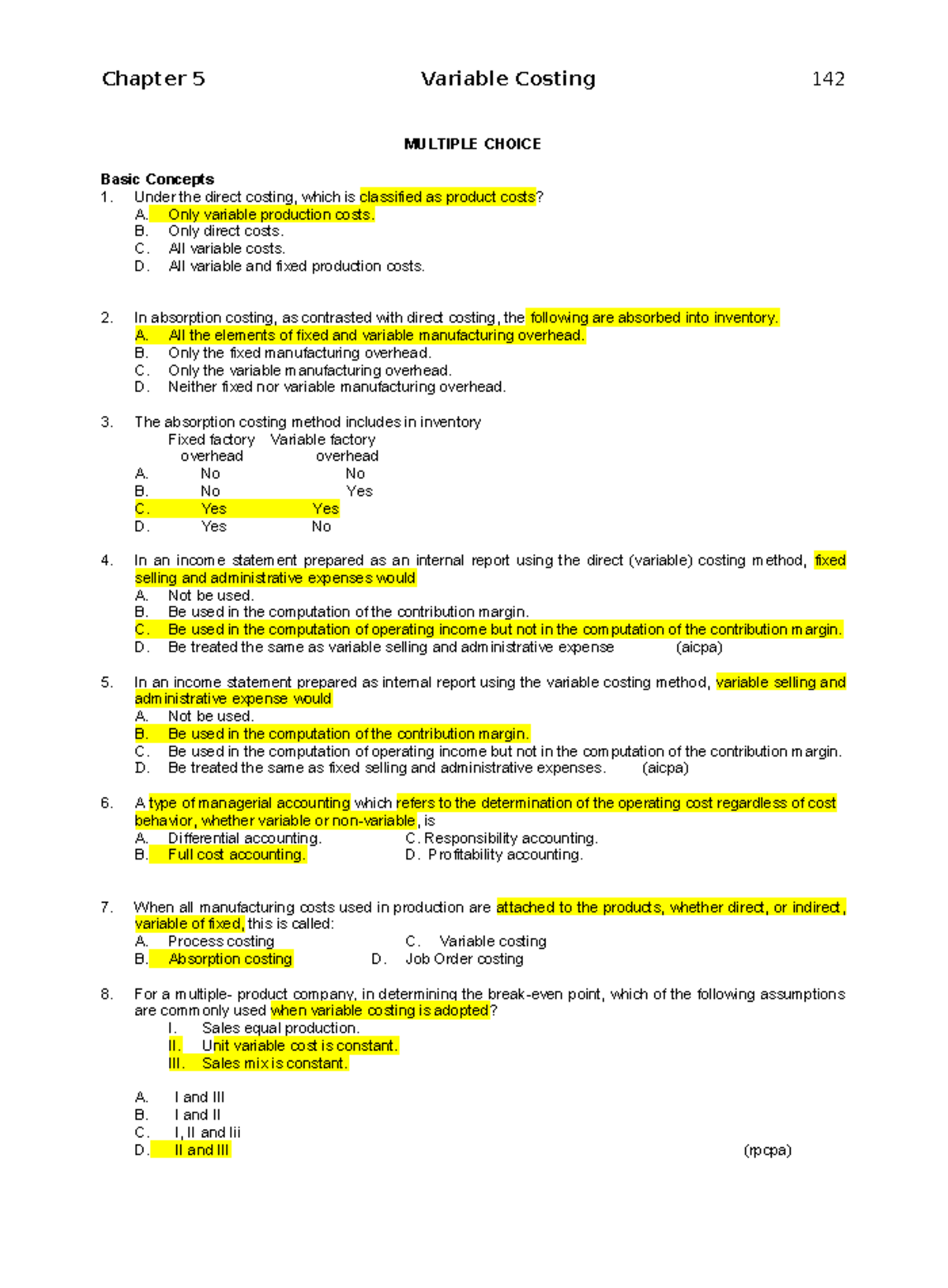 393207101 Chap 5 Variable Costing doc - Chapter 5 Variable Costing MULTIPLE CHOICE Basic ...
