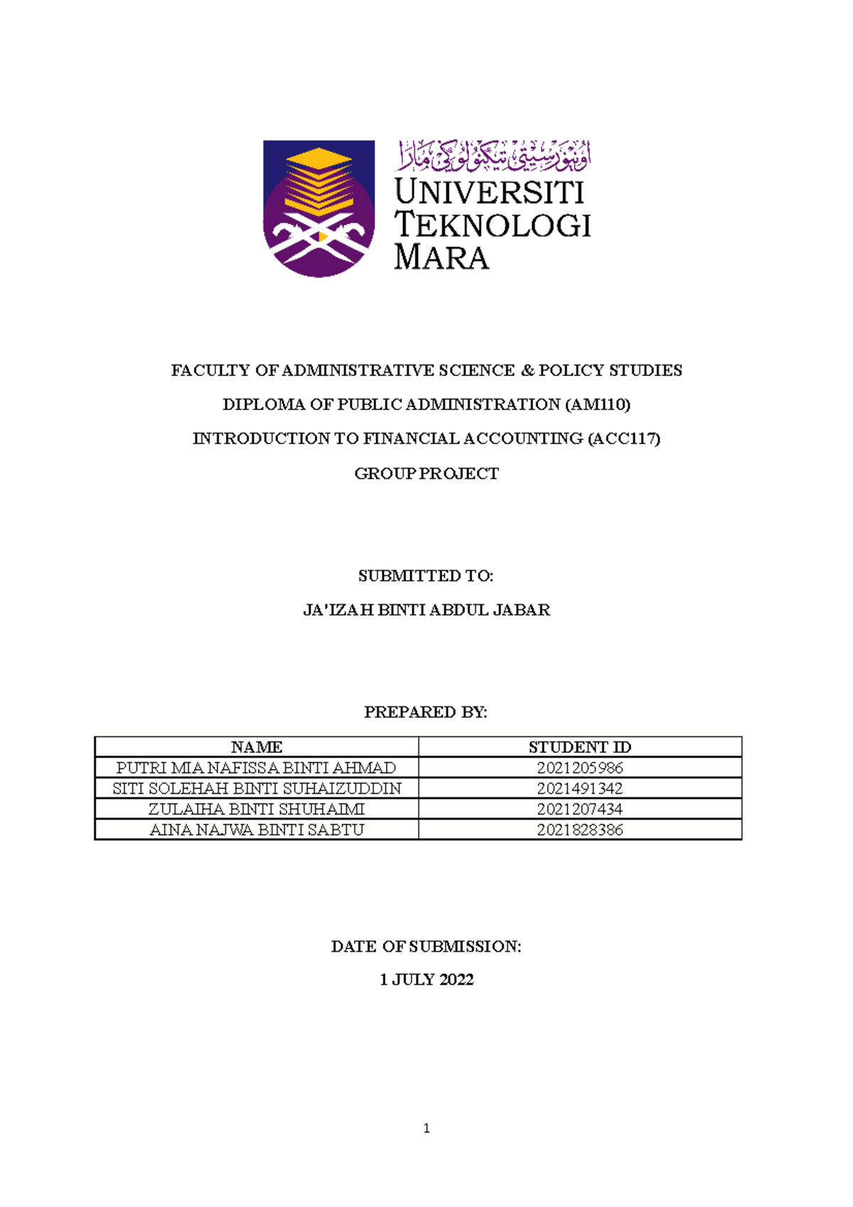 ACC117 Group Project - only for references - FACULTY OF ADMINISTRATIVE ...