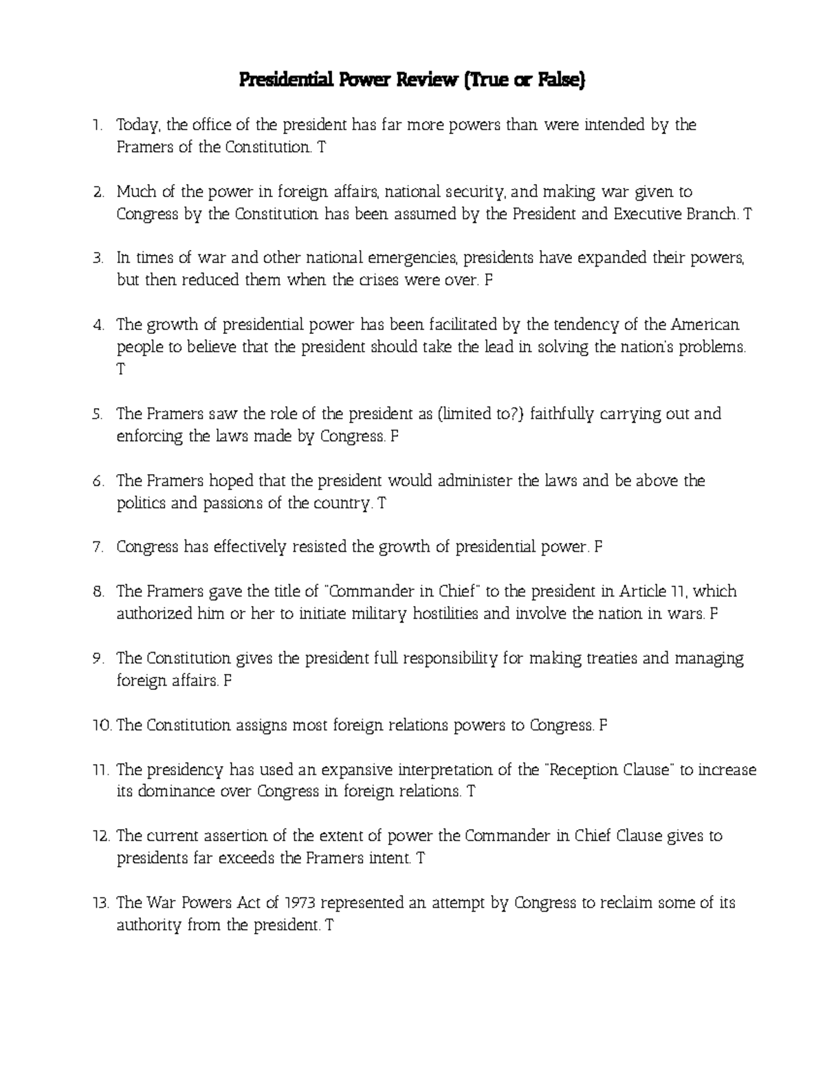 Presidential Power - True or False - Presidential Power Review (True or ...