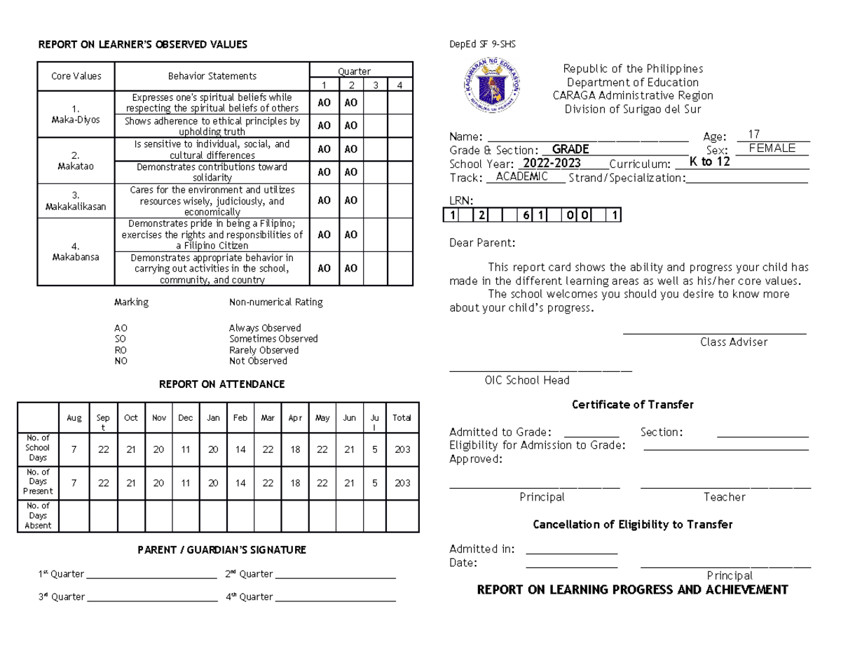 BAÑ L - Class record - REPORT ON LEARNER’S OBSERVED VALUES Core Values ...