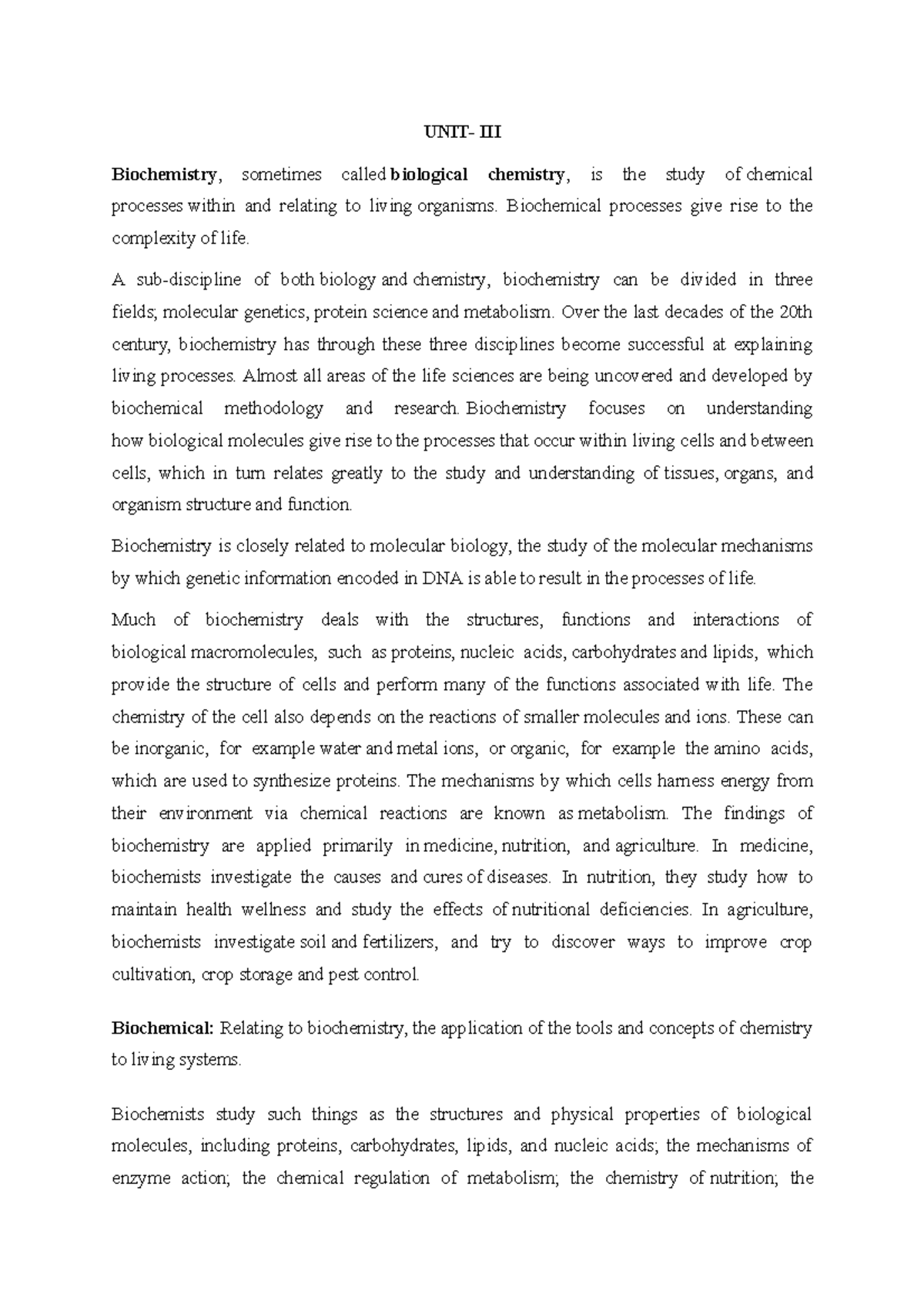 476353400 unit III docx - UNIT- III Biochemistry, sometimes called ...