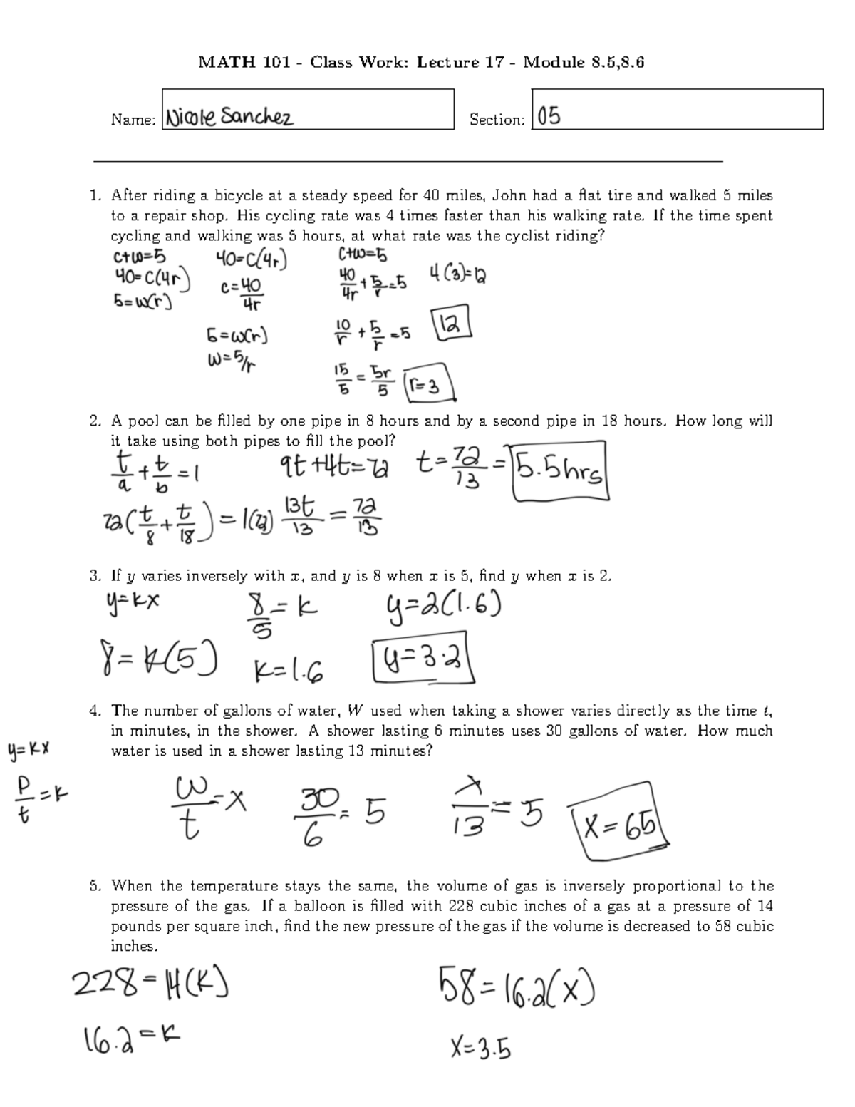 MATH101 Fall2022 Lecture 17 classwork - MATH 101 - Class Work: Lecture 17 - Module 8,8. Name ...