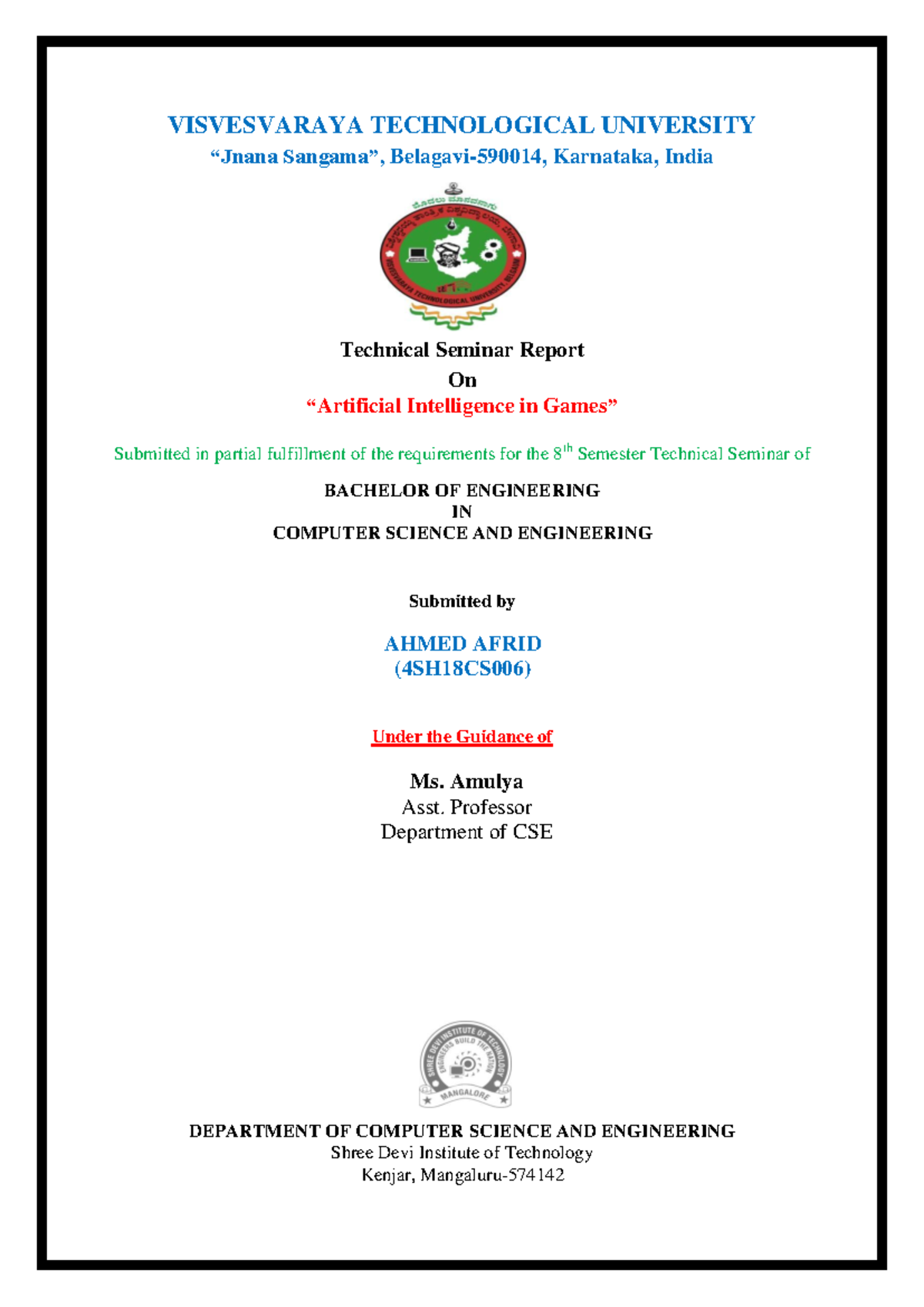 Afrid Technical Seminar Report - VISVESVARAYA TECHNOLOGICAL UNIVERSITY