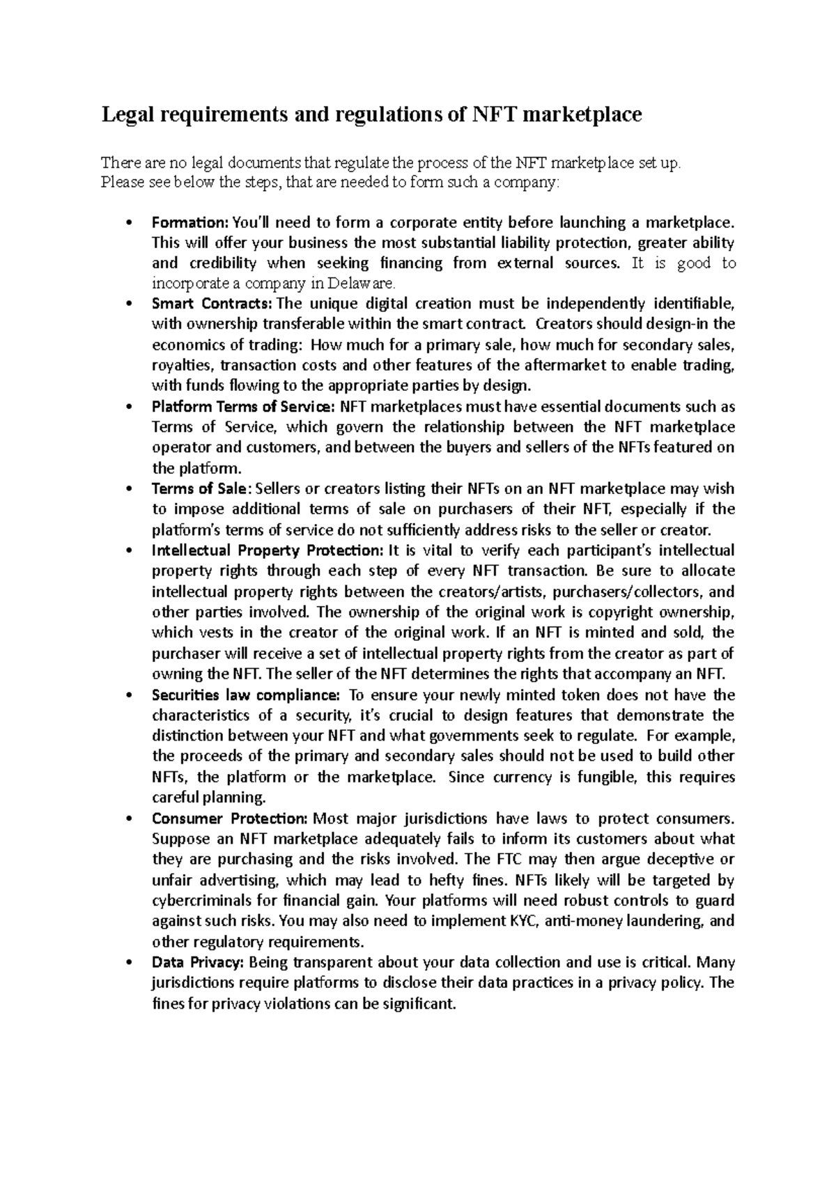 Legal requirements and regulations of NFT marketplace - Please see ...