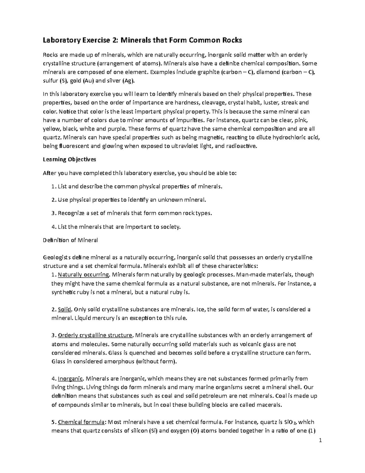 Laboratory Exercise 2 Minerals - Kyeria Joseph - Laboratory Exercise 2: Minerals that Form ...