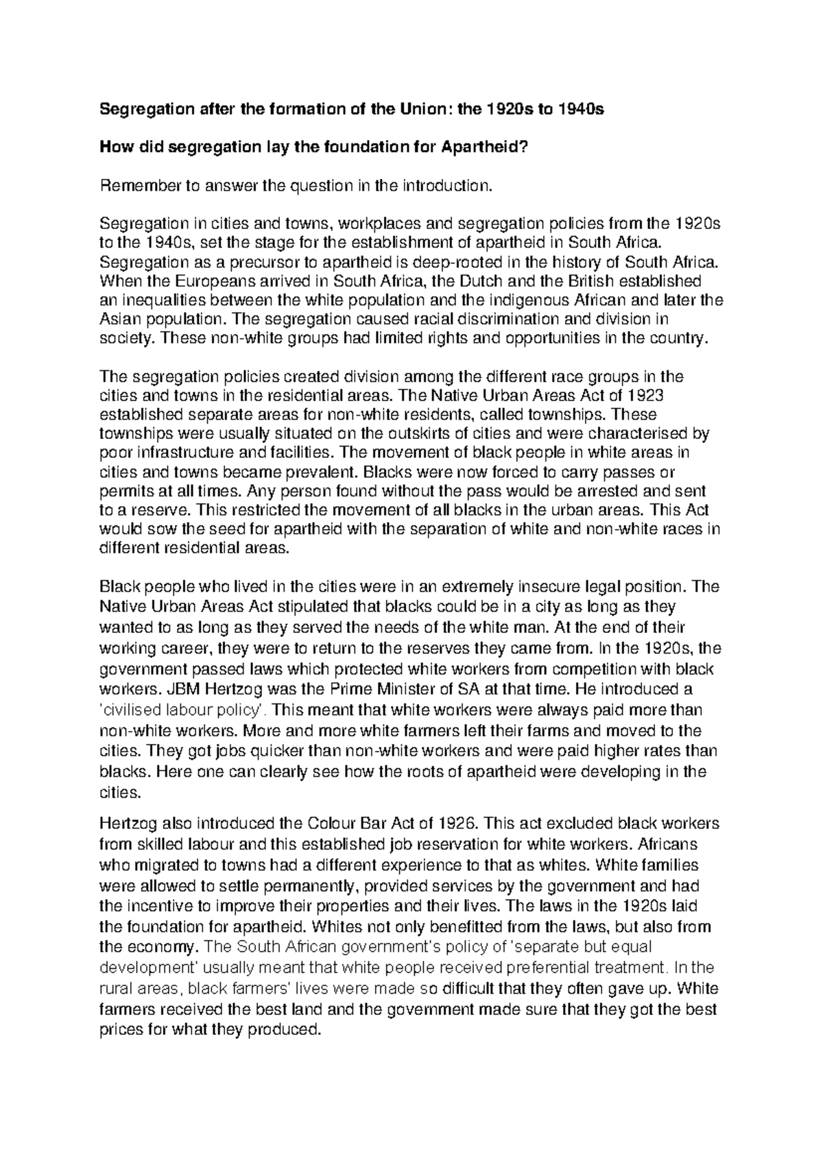 Segregation Policy 1920s to 1940s - Segregation after the formation of ...