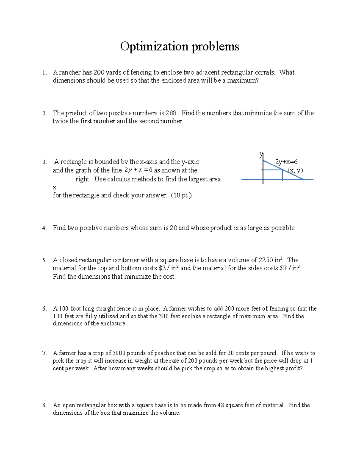 Math 201 Optimization Problems - Optimization problems 1. A rancher has ...