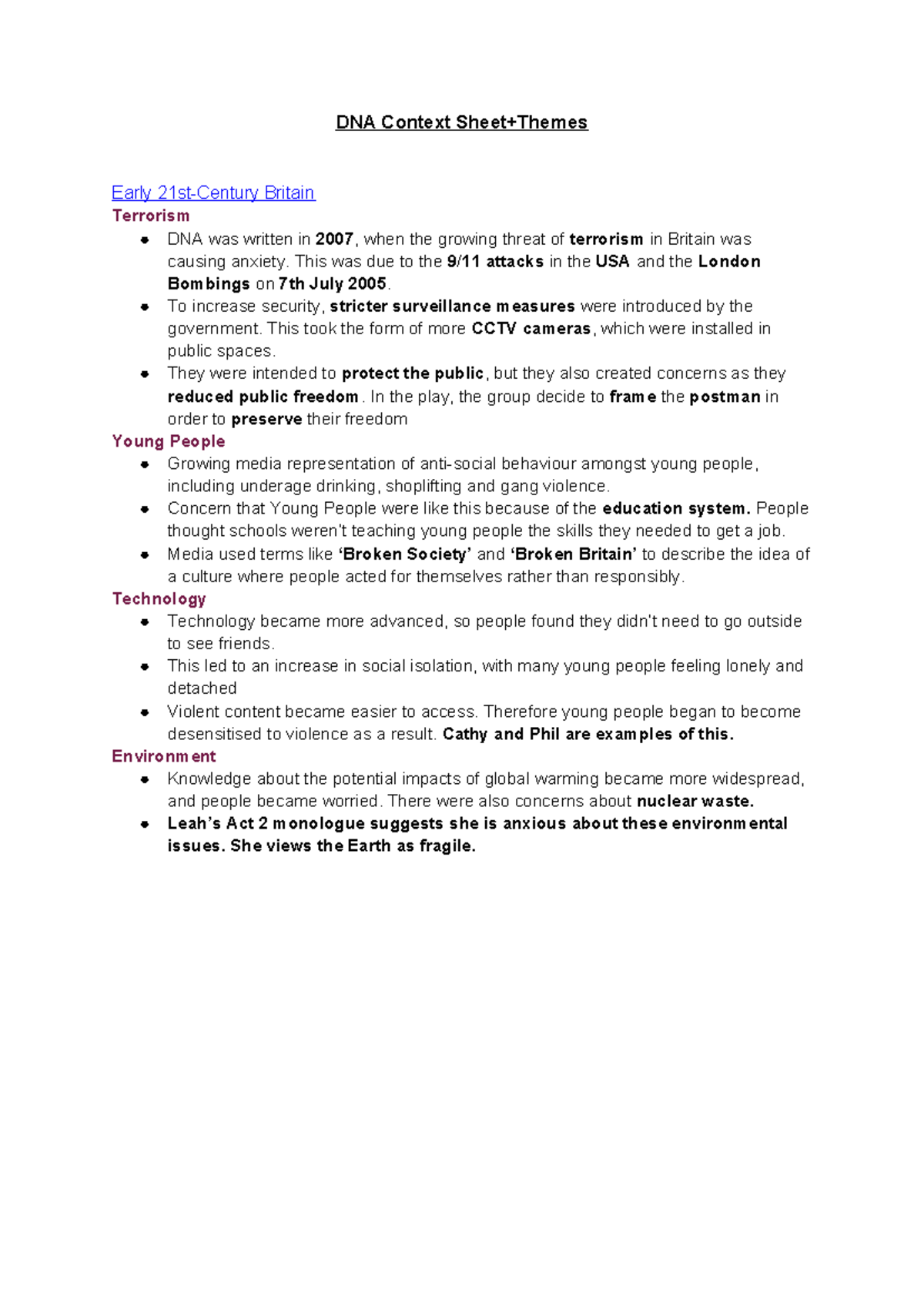 DNA Context Sheet Early 21st Century Britain - DNA Context Sheet+Themes ...