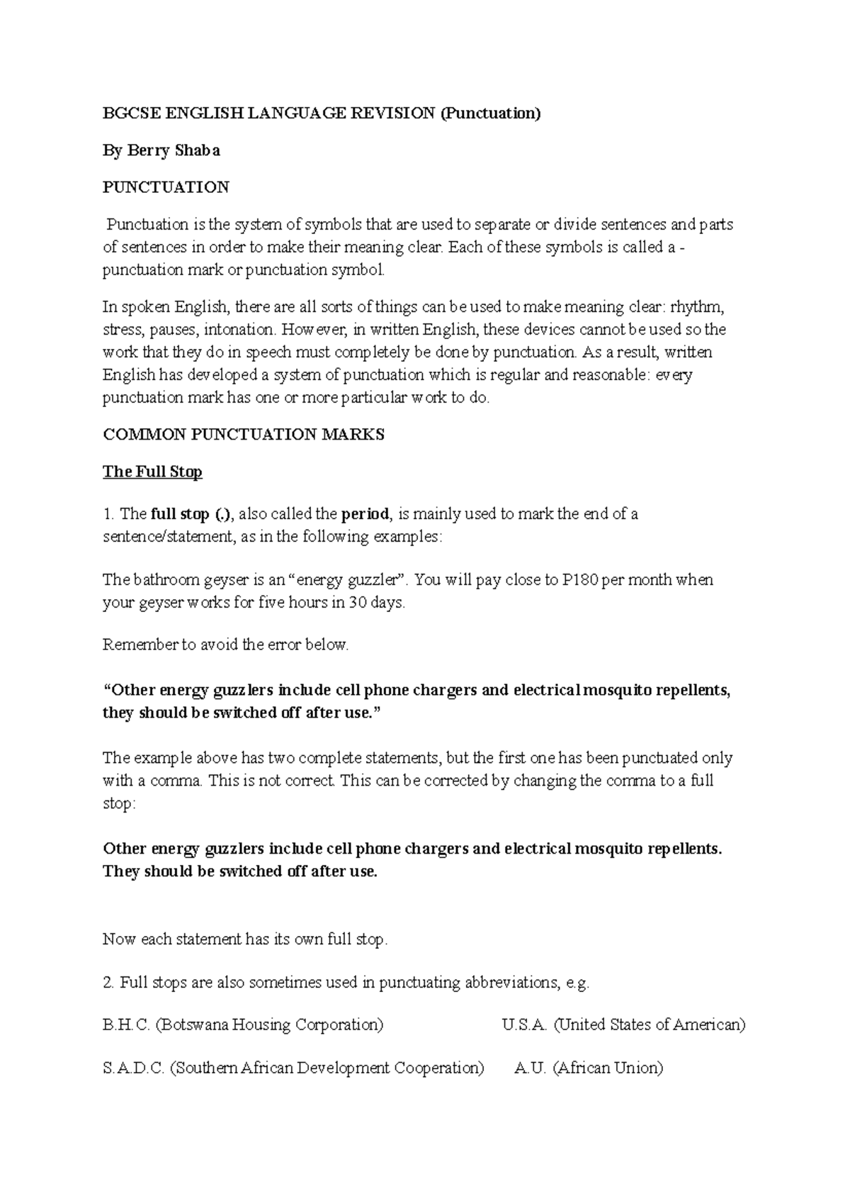 Bgcse English Language Revision-Punctuation-1 - BGCSE ENGLISH LANGUAGE ...