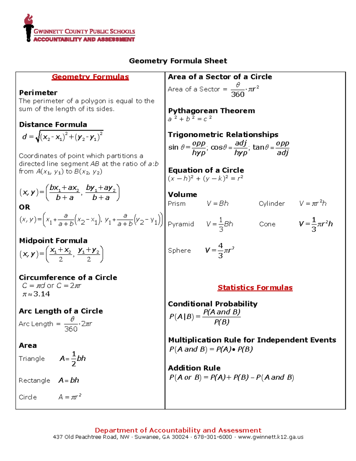 Geometry Formula Sheet 2022 - Department of Accountability and ...
