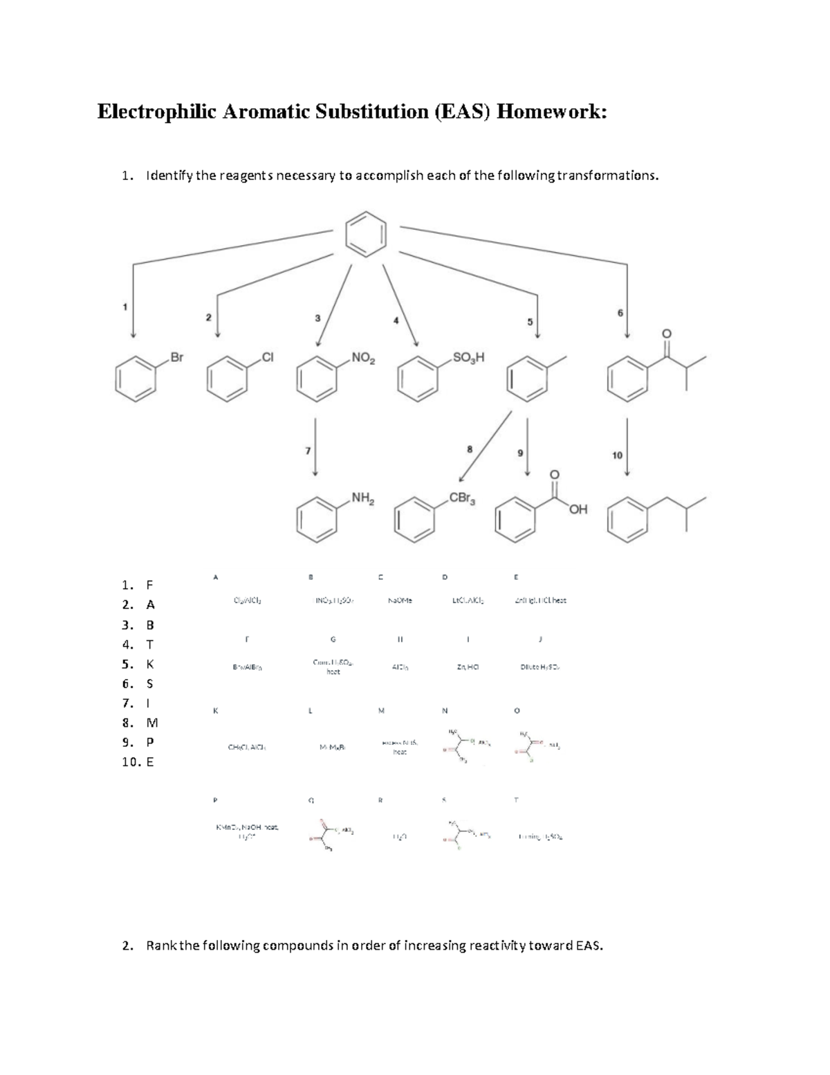 EAS Homework Key - Agee - Electrophilic Aromatic Substitution (EAS ...