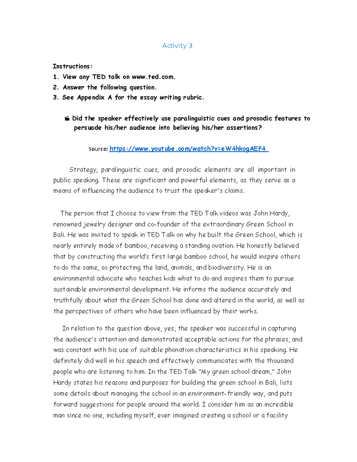 Geccom Activity 3 - Activity 3 **Instructions: View any TED talk on ted ...