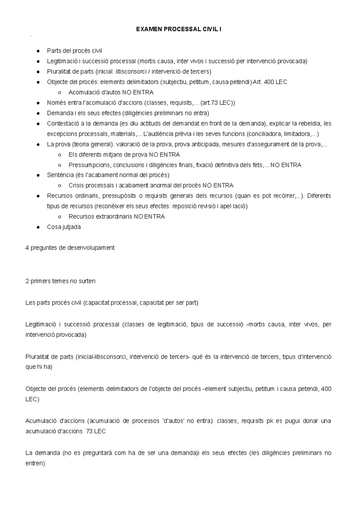 Examen Processal, PRÀ Ctica I Repartiment Temes - EXAMEN PROCESSAL CIVIL I Parts del procés ...