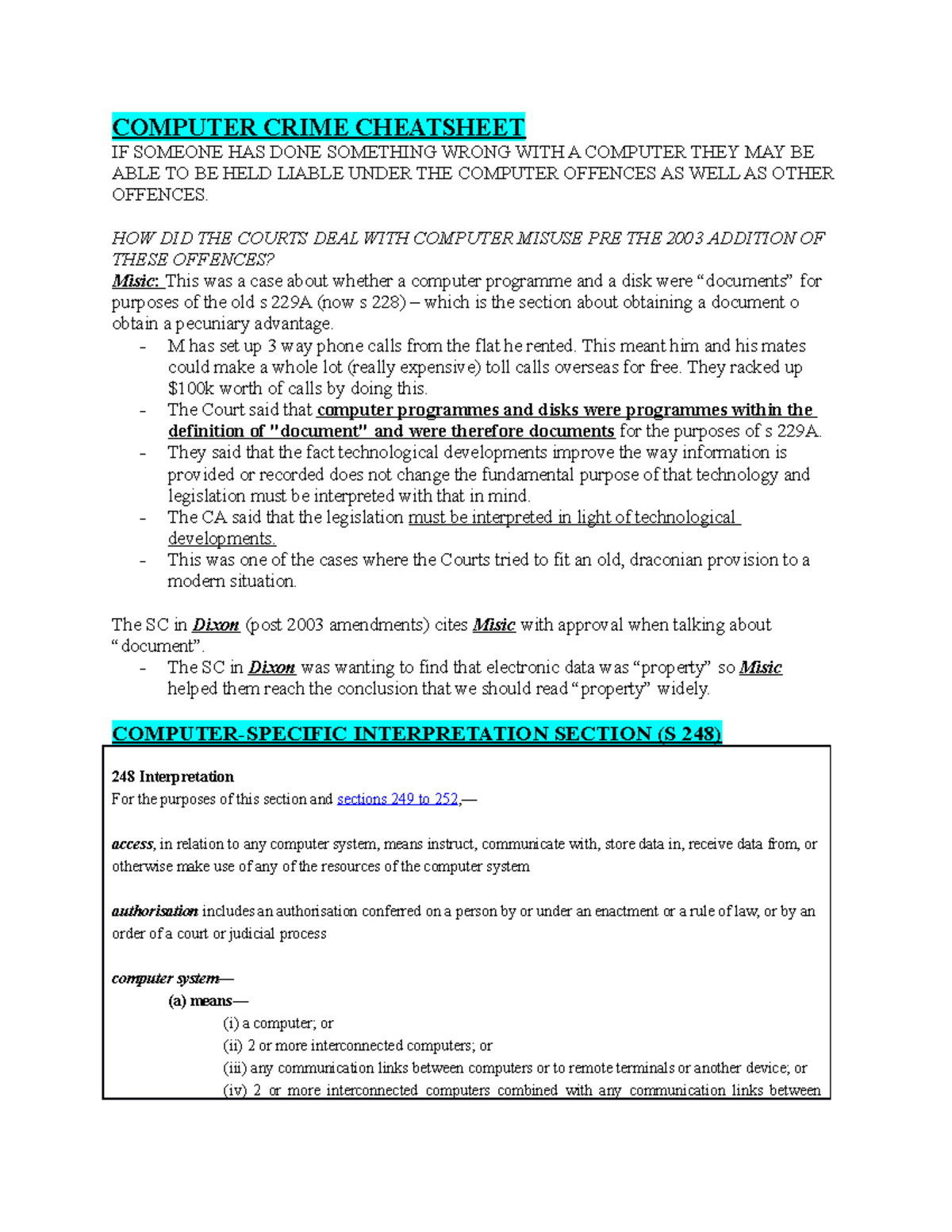 Computer Cheatsheet Structures For Comouter Crime Module From Sem 1 2023 Crime And Property