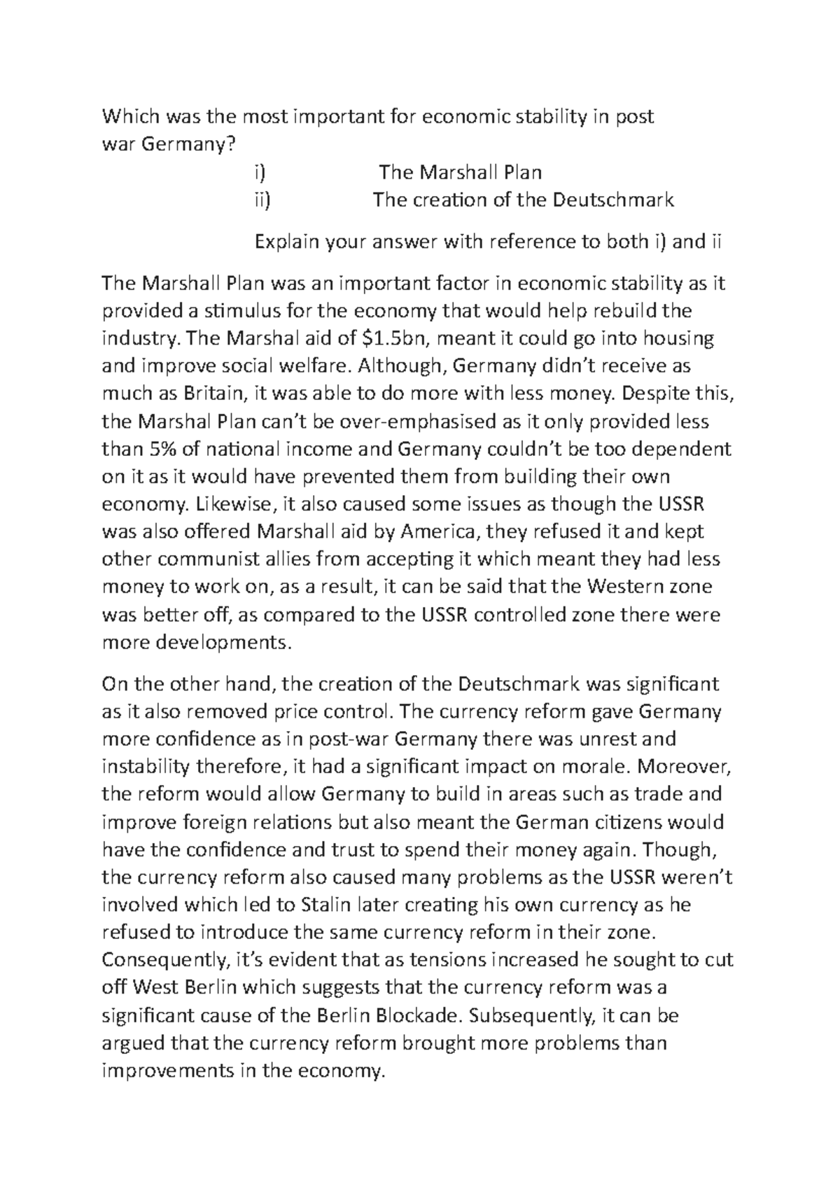 Myiesha 10 mark post war - Which was the most important for economic ...