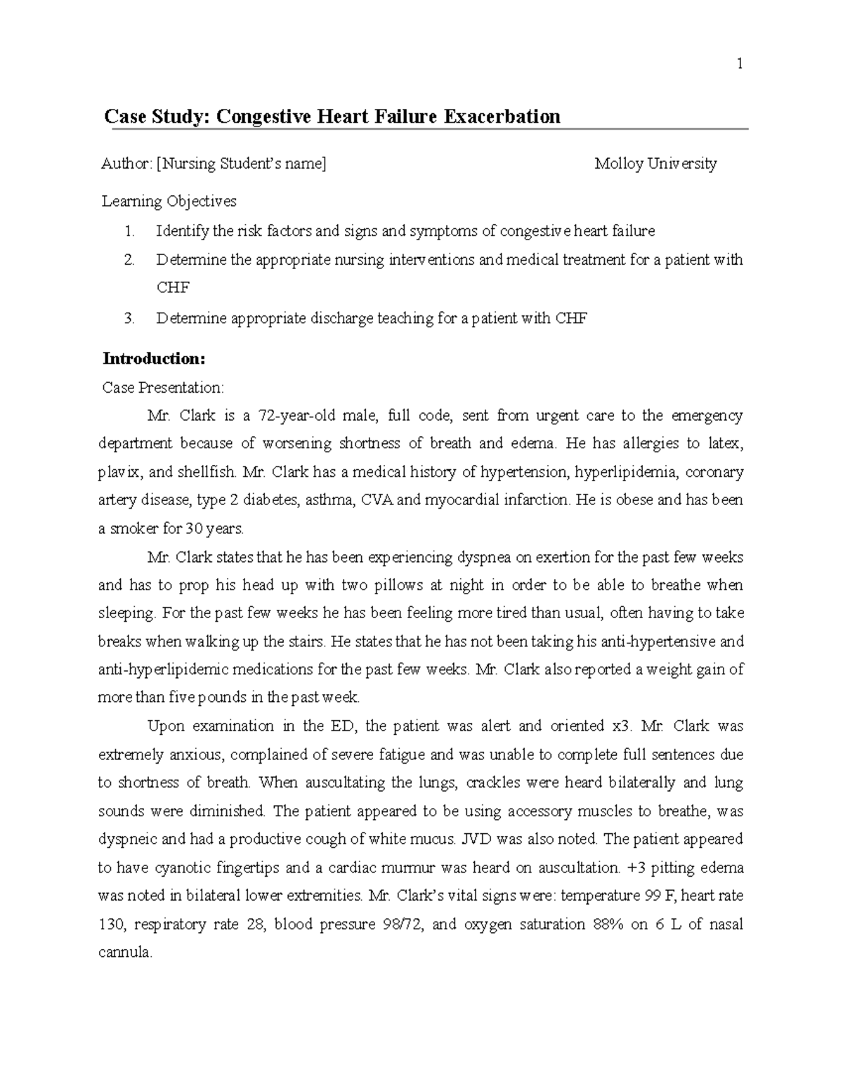 Sample Case Study - nnnn - Case Study: Congestive Heart Failure Exacerbation Author: [Nursing ...