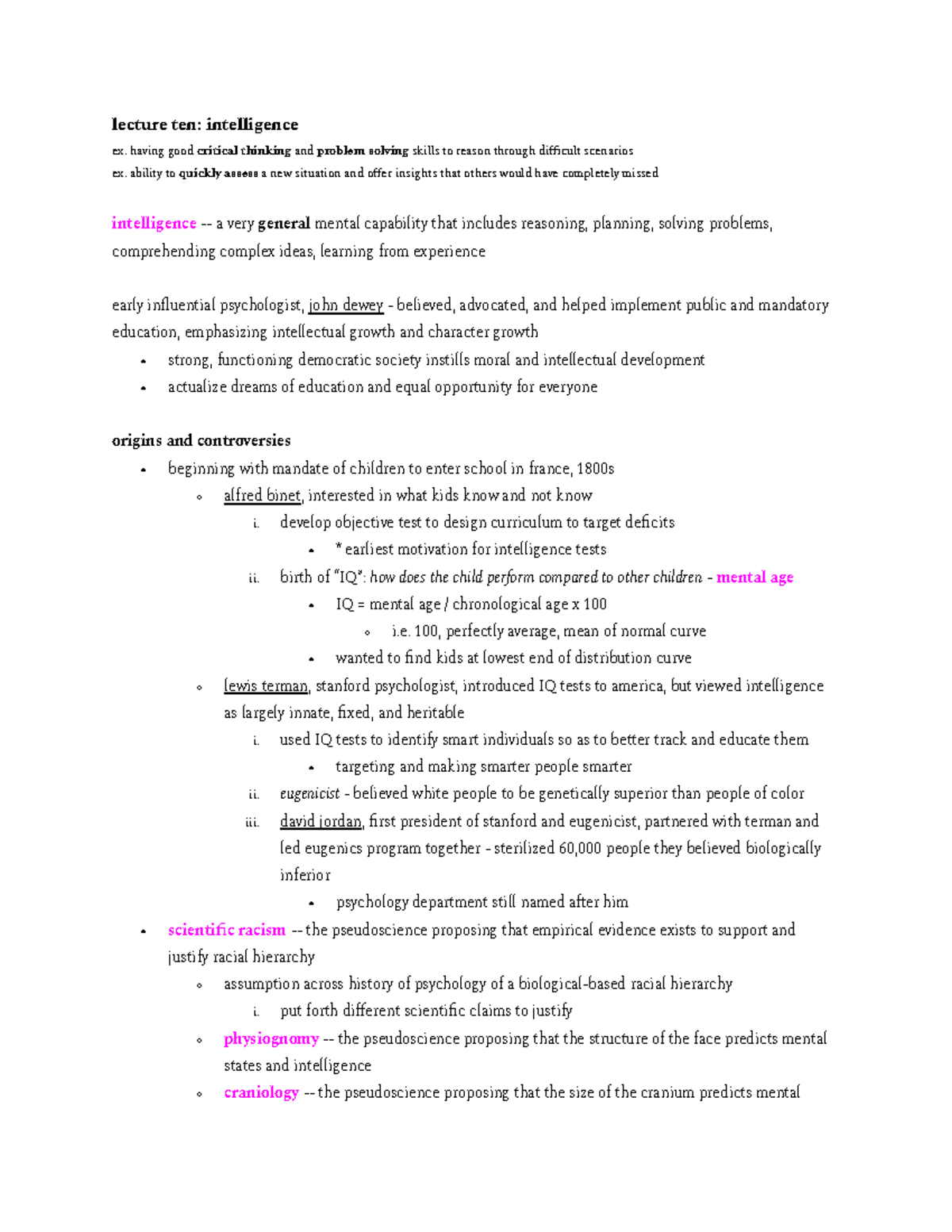 Lecture ten intelligence - lecture ten: intelligence ex. having good ...