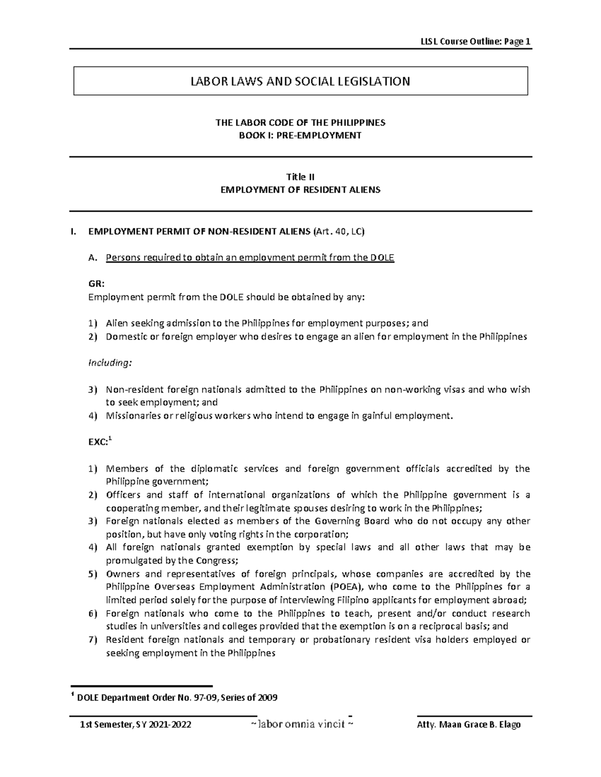 Book I - Pre-employment (Title II, Arts. 40-42) - LLSL Course Outline ...