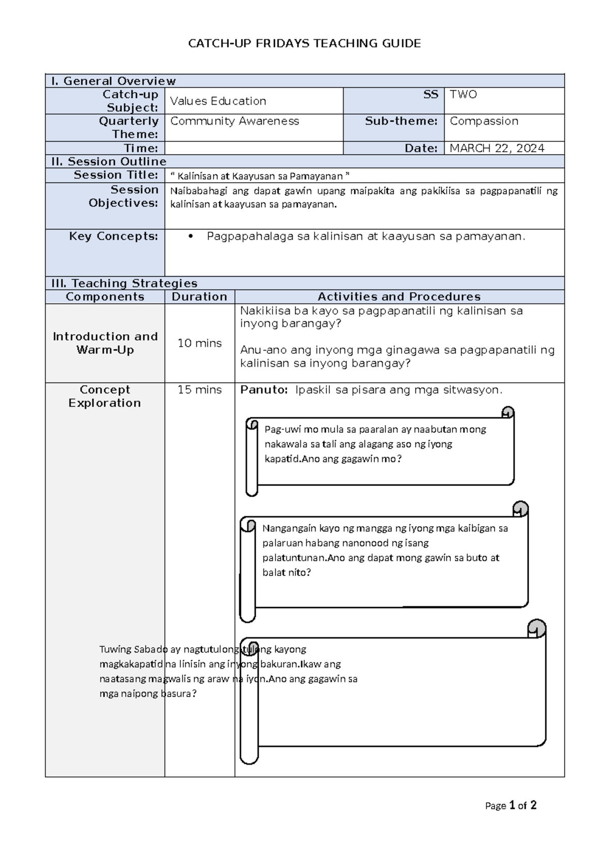 Grade 2- Values ED Catch-UP Friday - CATCH-UP FRIDAYS TEACHING GUIDE I ...