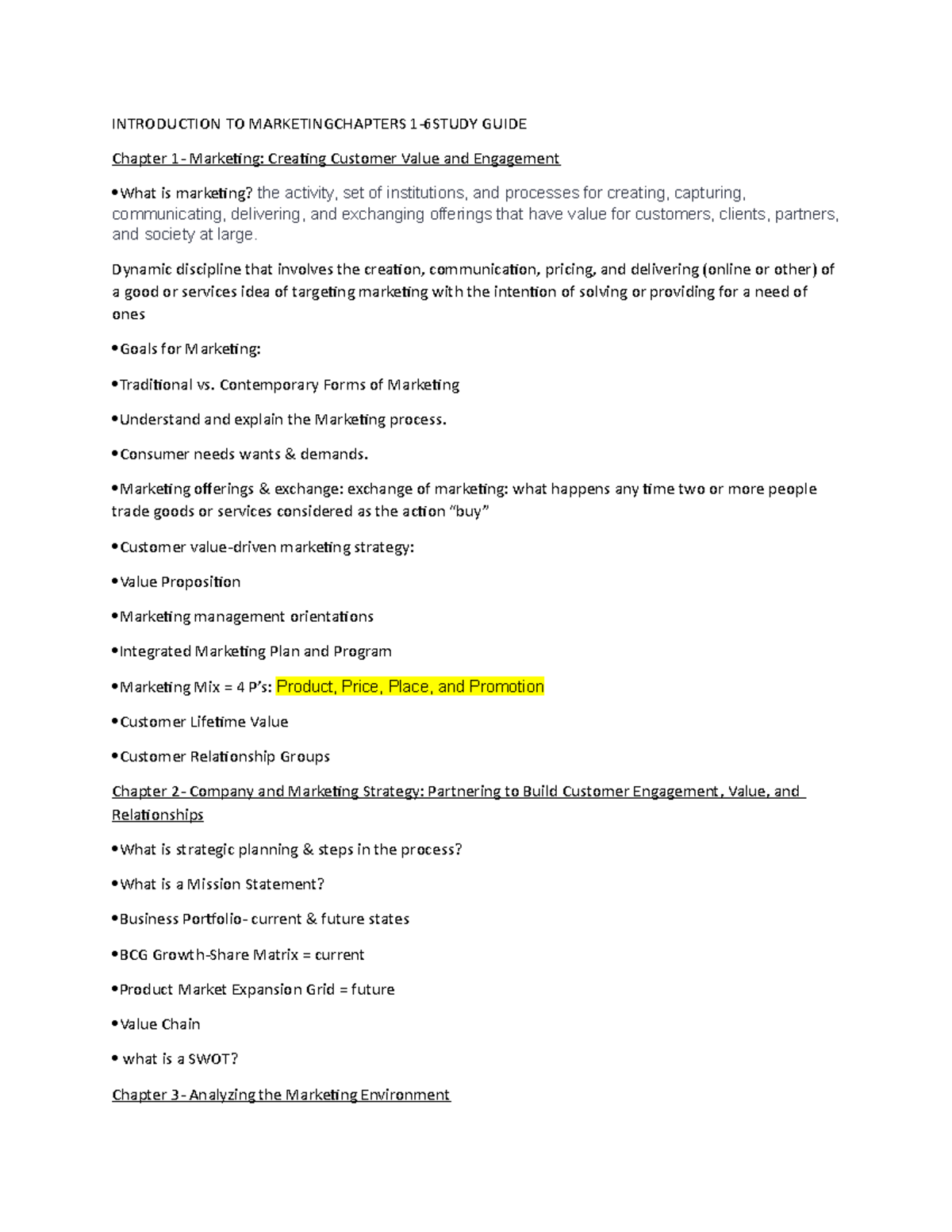 Marketing chapters 1-6 study guide outline - INTRODUCTION TO ...