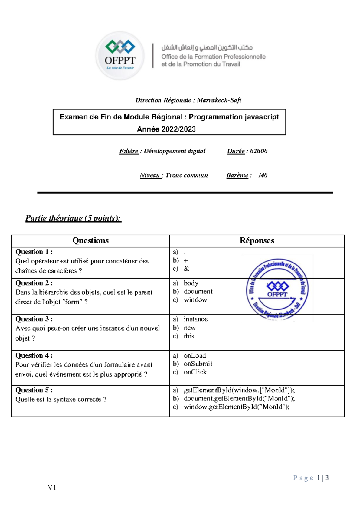 EFM JS V1 - lkjhgf - P a g e 1 | 3 V Direction Régionale : Marrakech-Safi Examen de Fin de ...