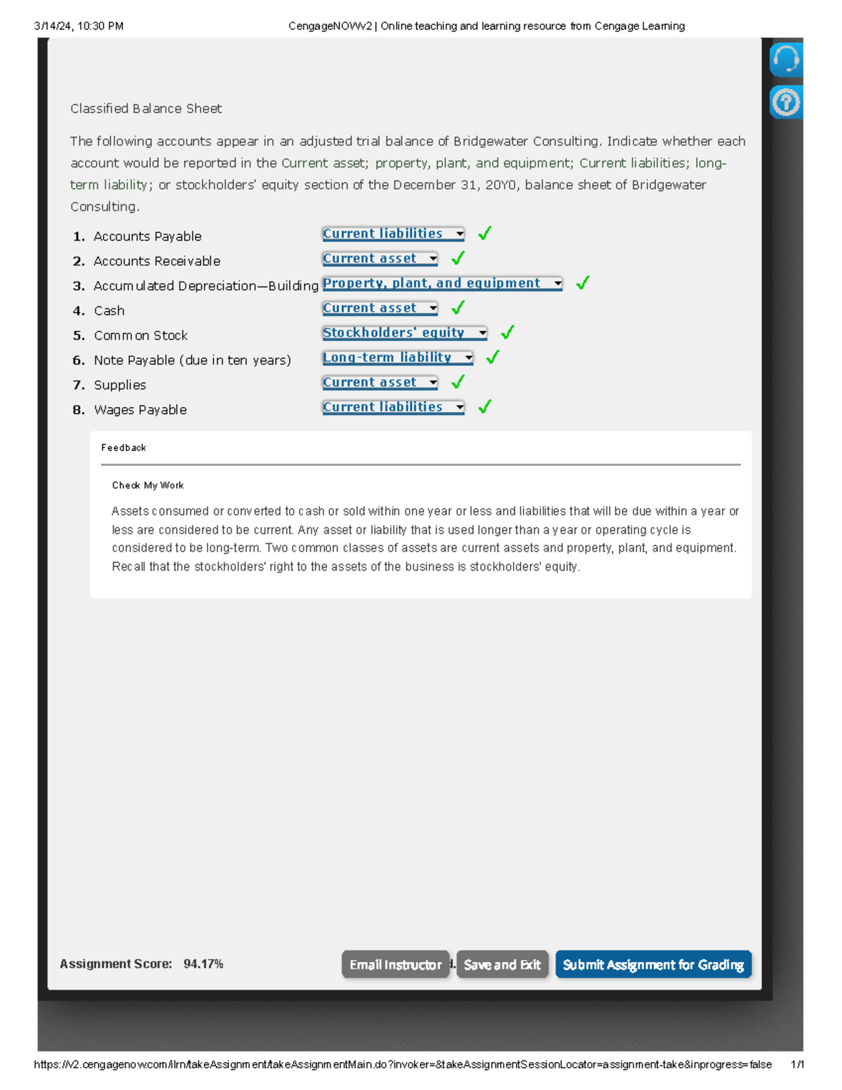 Classified Balance Sheet - 3/14/24, 10:30 PM CengageNOWv2 | Online ...