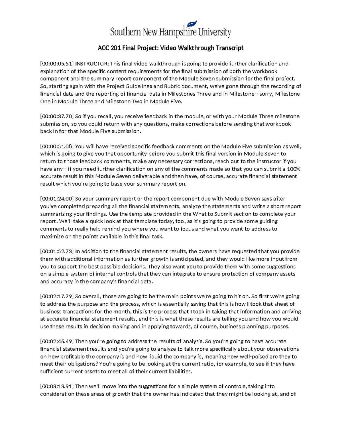 Transcript for ACC 201 Final Project Walkthrough - ACC 201 Final ...