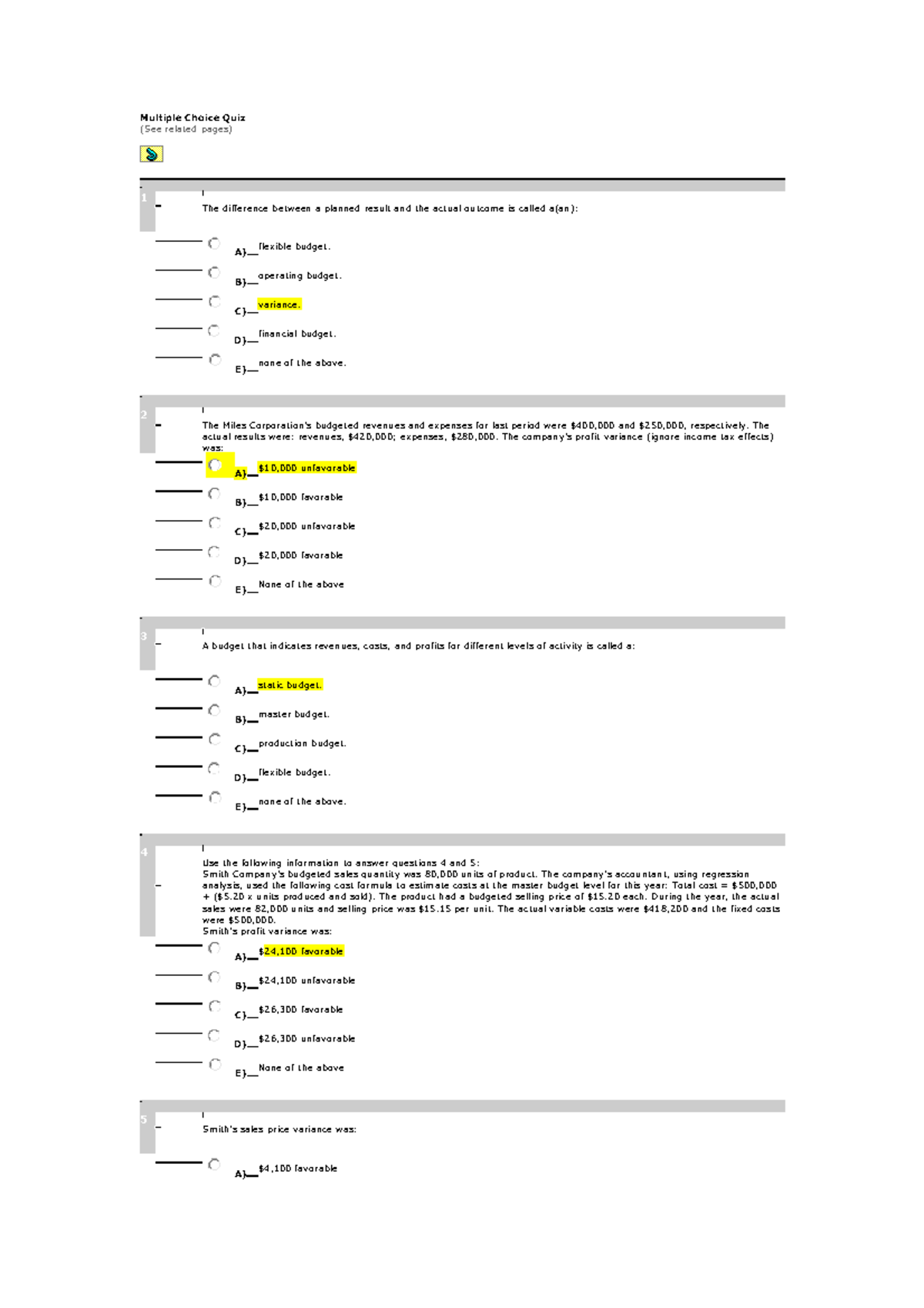 Multiple Choice Quiz Chapter 16 - Multiple Choice Quiz (See related ...