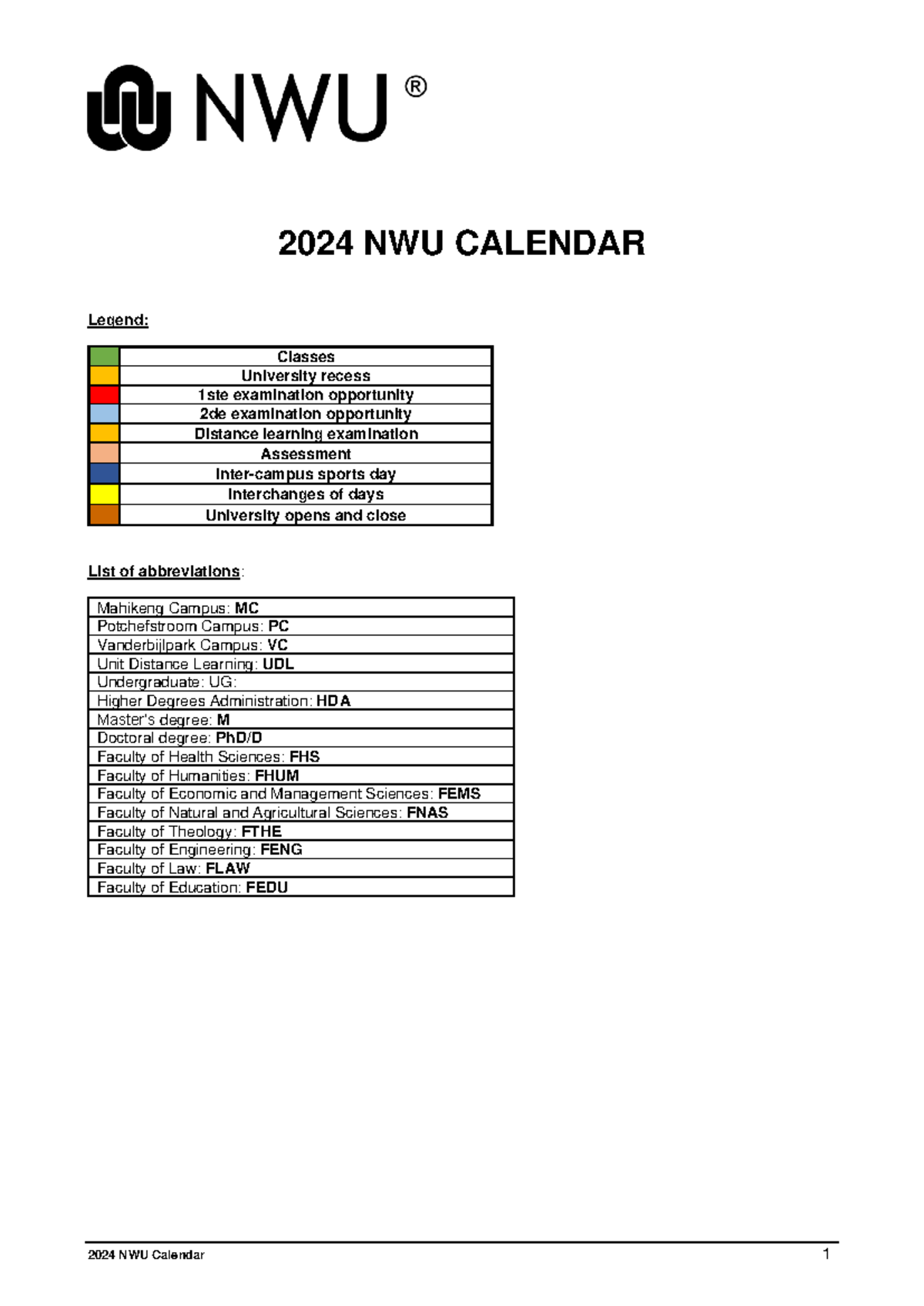2023.12.15 2024 NWU Calendar V2 - 2024 NWU CALENDAR Legend: Classes ...