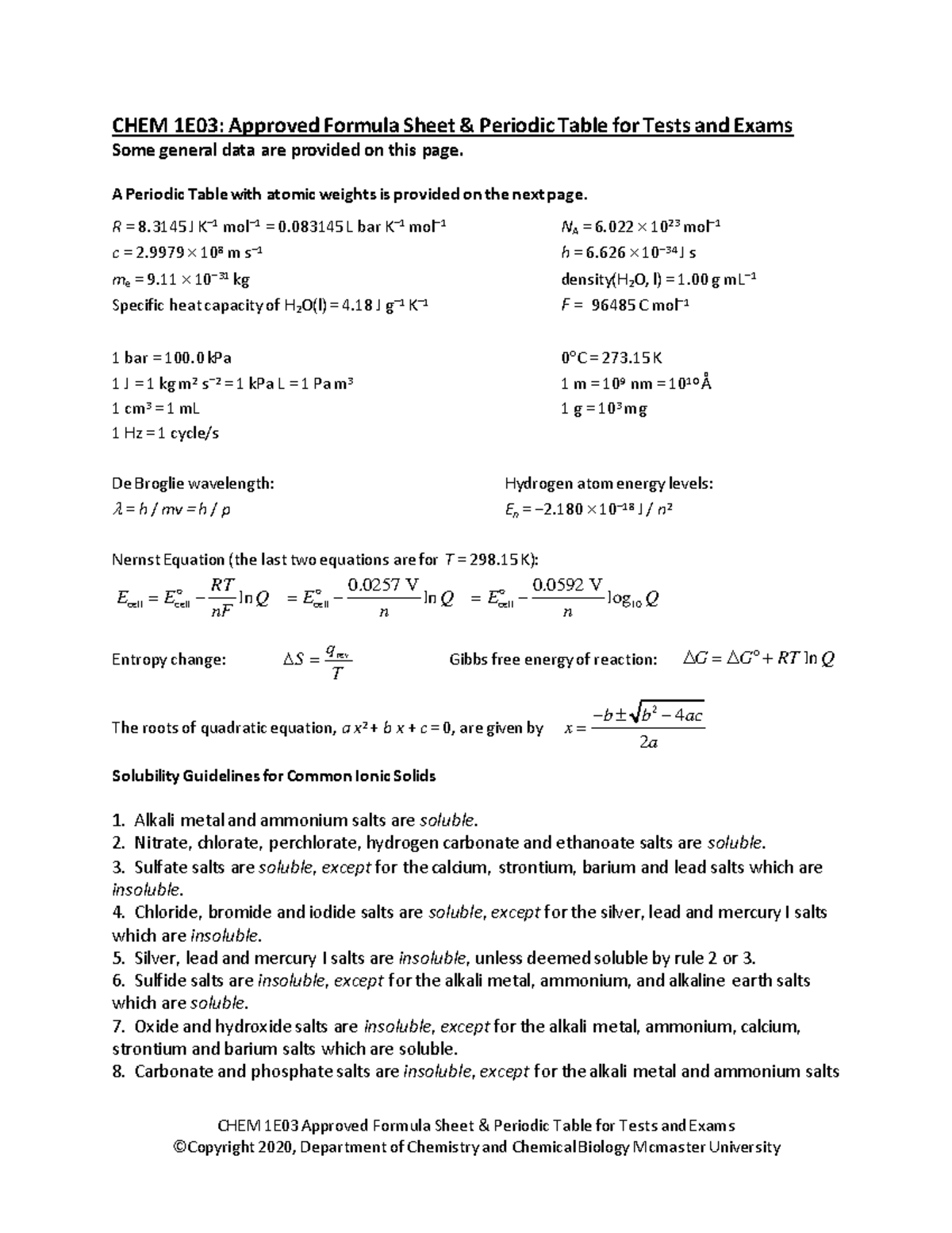 CHEM 1E03 Formula Sheet and Periodic Table - Chemistry 355 - UCalgary ...