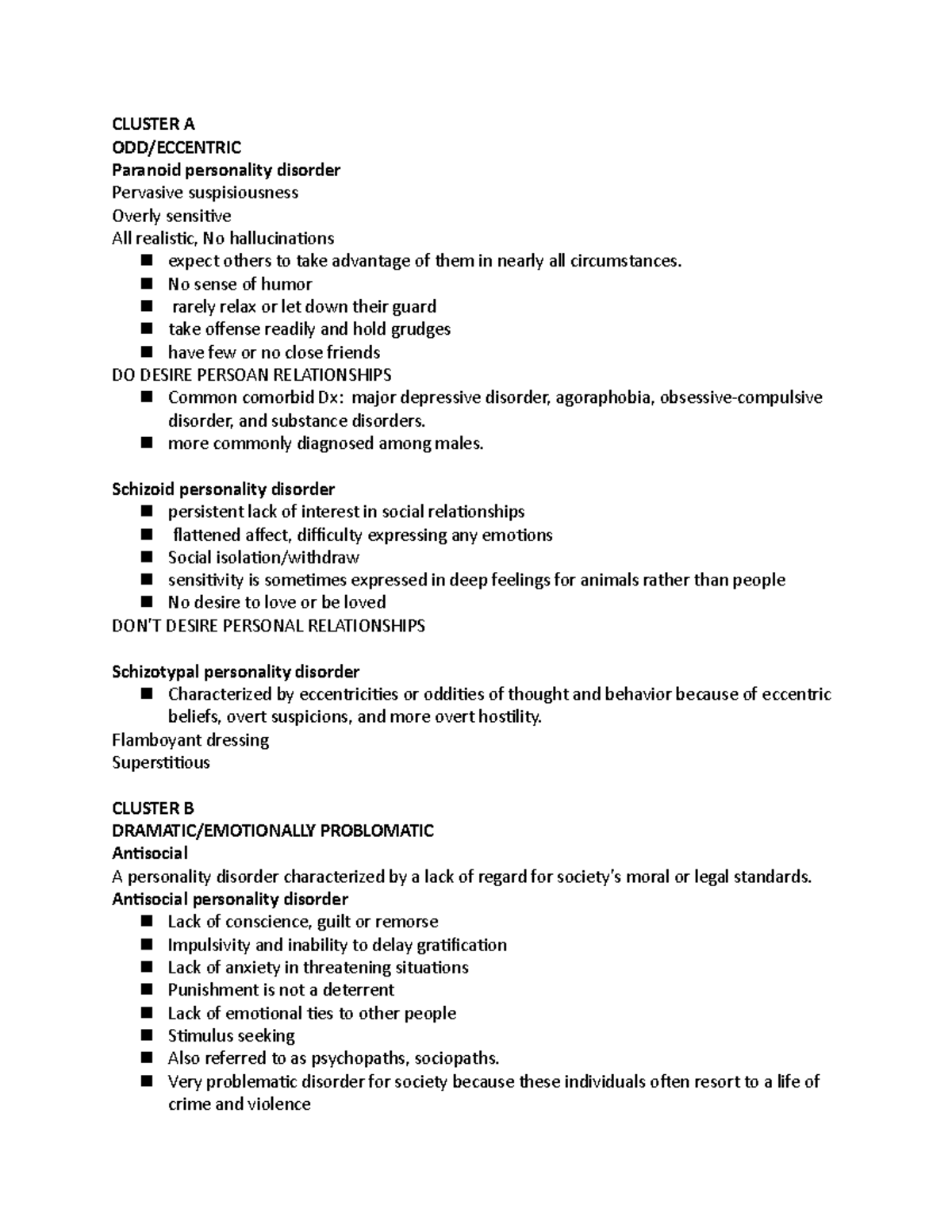 Chapter 8 - Lecture notes clusters - CLUSTER A ODD/ECCENTRIC Paranoid ...