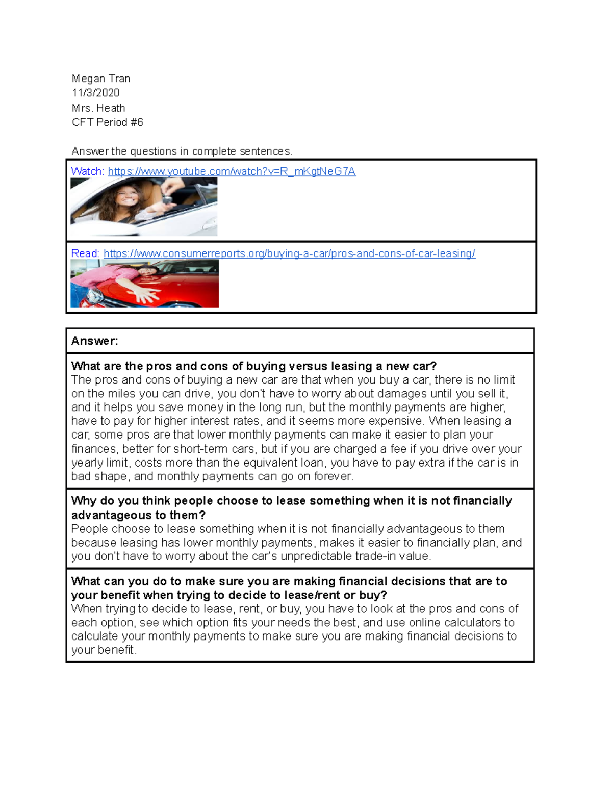 P6, 11 3, Reflect Car Loan 1 - Megan Tran 11/3/ Mrs. Heath CFT Period # Answer the questions in ...