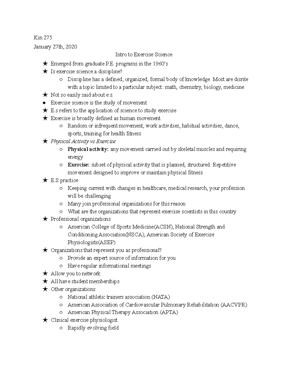 Kin ch 1 - Introduction to exercise science - Kin 275 January 27th ...