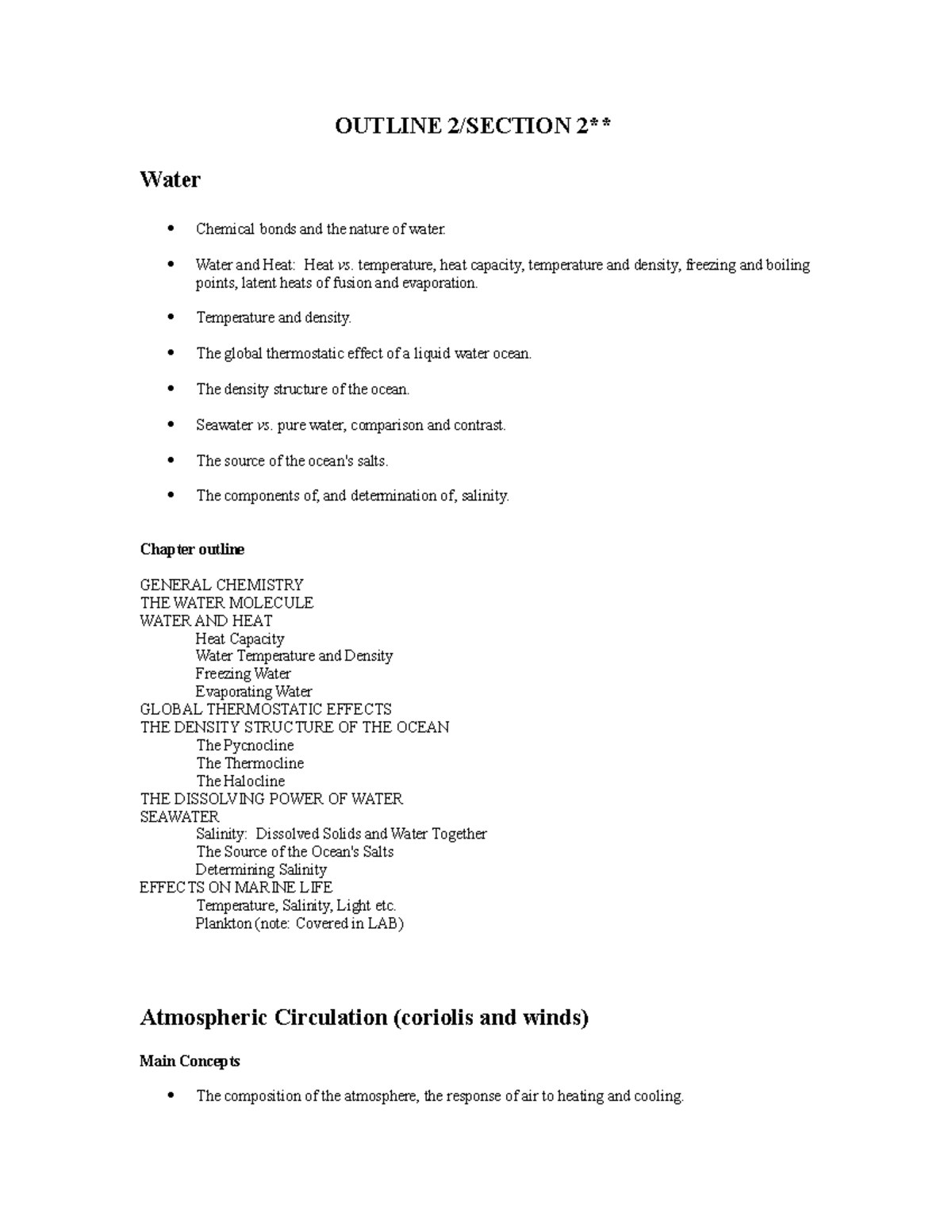 Part2outline - Lecture notes 2 - OUTLINE Water Chemical bonds and the ...