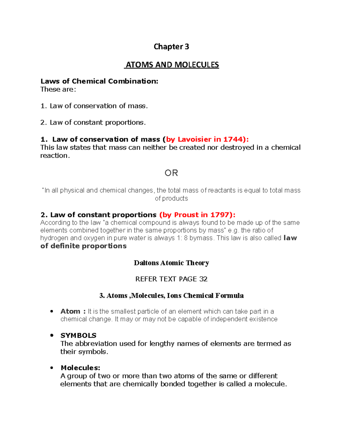 NOTE1 - Chapter 3 ATOMS AND MOLECULES Laws of Chemical Combination ...