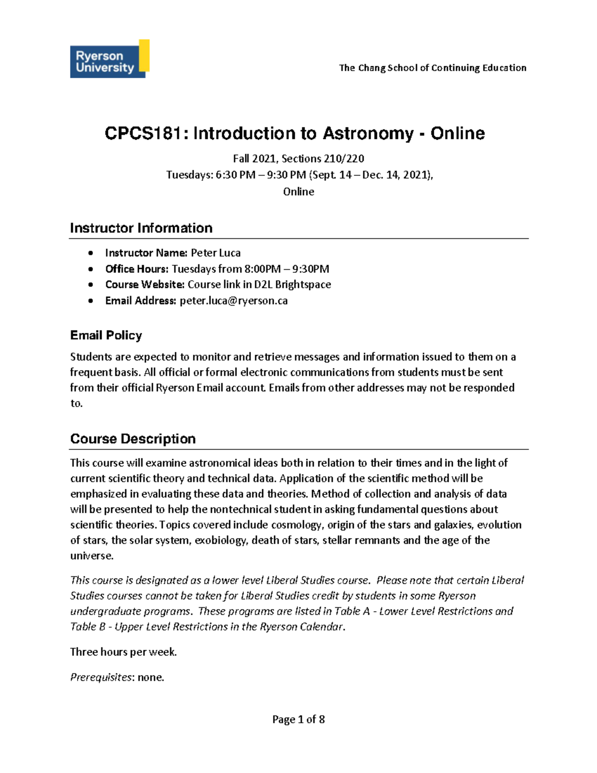 CPCS181 - Introduction to Astronomy Online Course Outline FALL 2021 ...