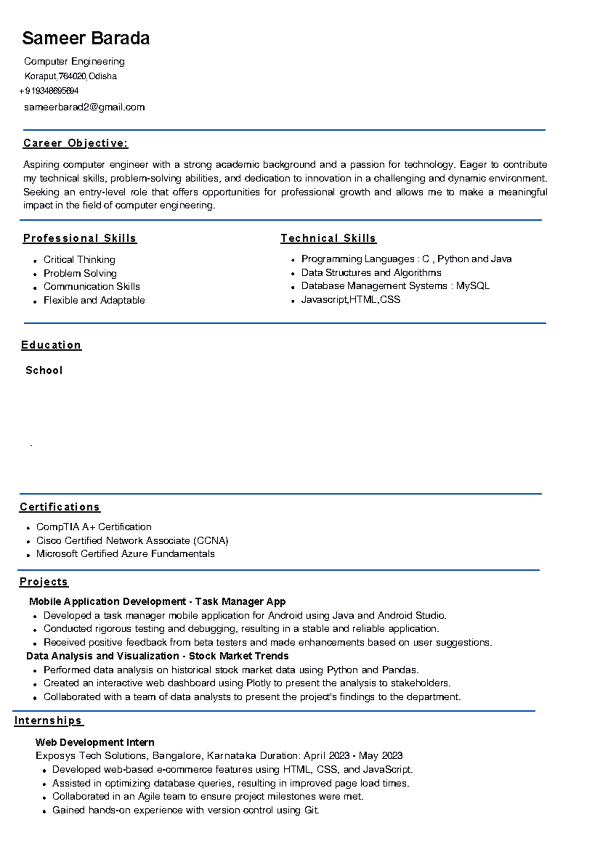 1-Resume Template - Sameer Barada Computer Engineering Koraput, 764020 ...