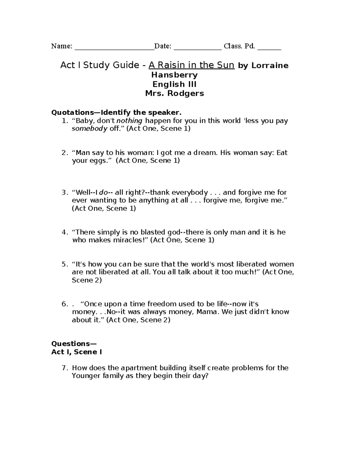 Raisin in the Sun Study Guide Questions 2016 - Name ...