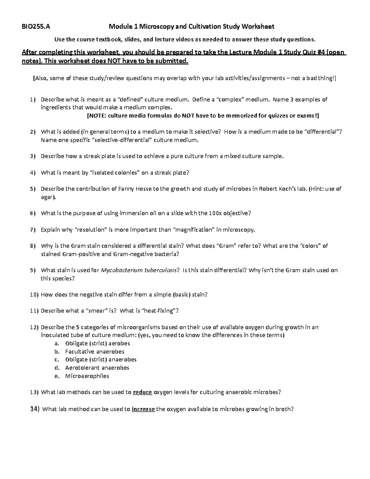 BIO255 Module 1 Microscopy and Cultivation study worksheet - BIO255 ...
