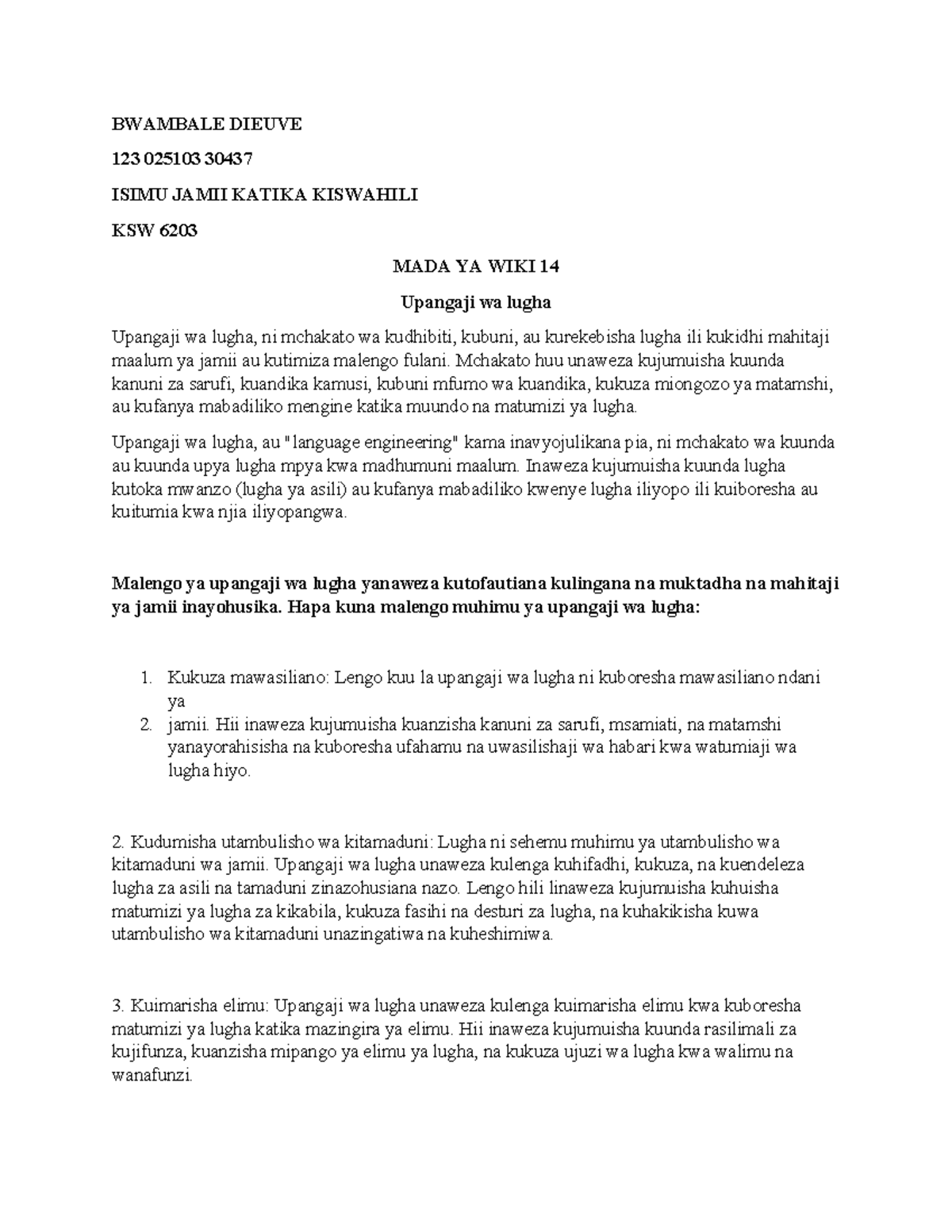 Upangaji wa Lugha. Isimu jamii katika Kiswahili - BWAMBALE DIEUVE 123 ...