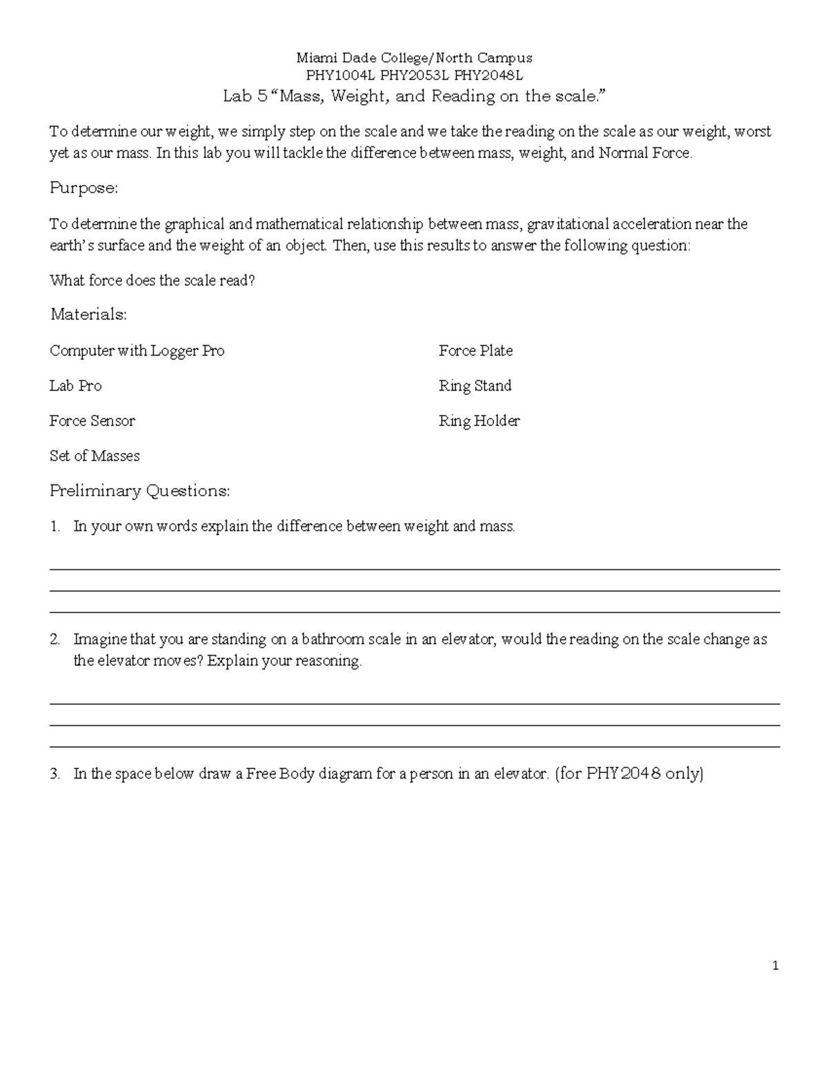 Lab 5 Mass, Weight and Reading on the Scale - Miami Dade College/North ...