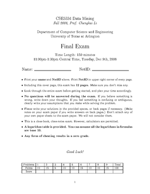 Homework 2 - Data Science - CSE 5334/4392 Data Mining (Fall 2009) Homework 2 (Due: 11:55pm CST ...