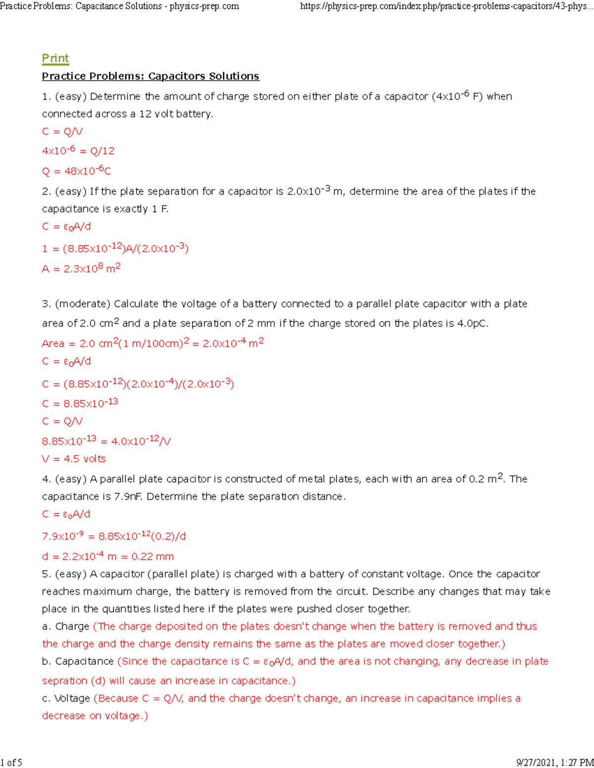 Practice Problems Capacitance Solutions - physics-prep - Print Practice Problems: Capacitors ...
