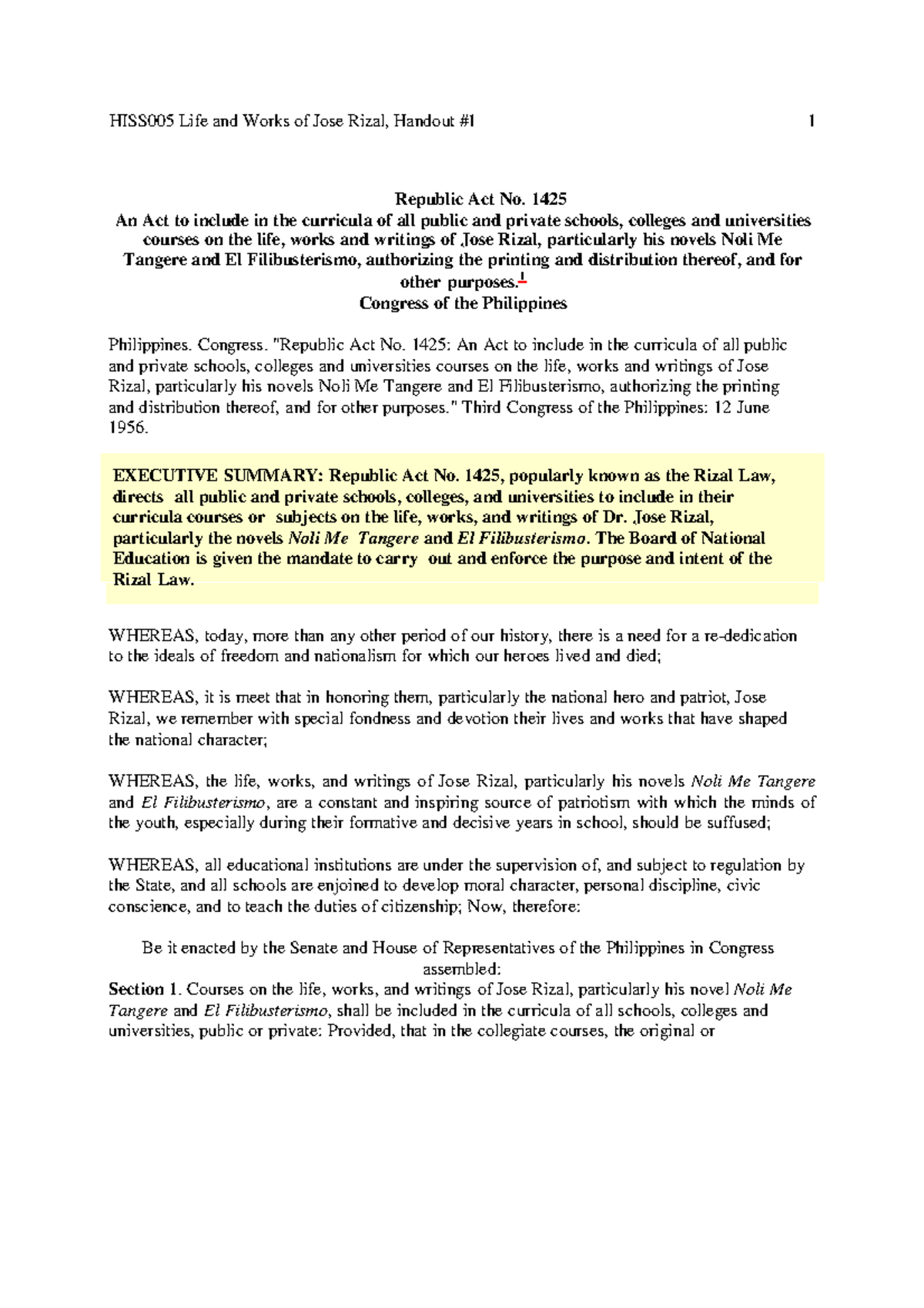 Rizal LAW Readings - Handout 1 1 Republic Act No. 1425 An Act to ...