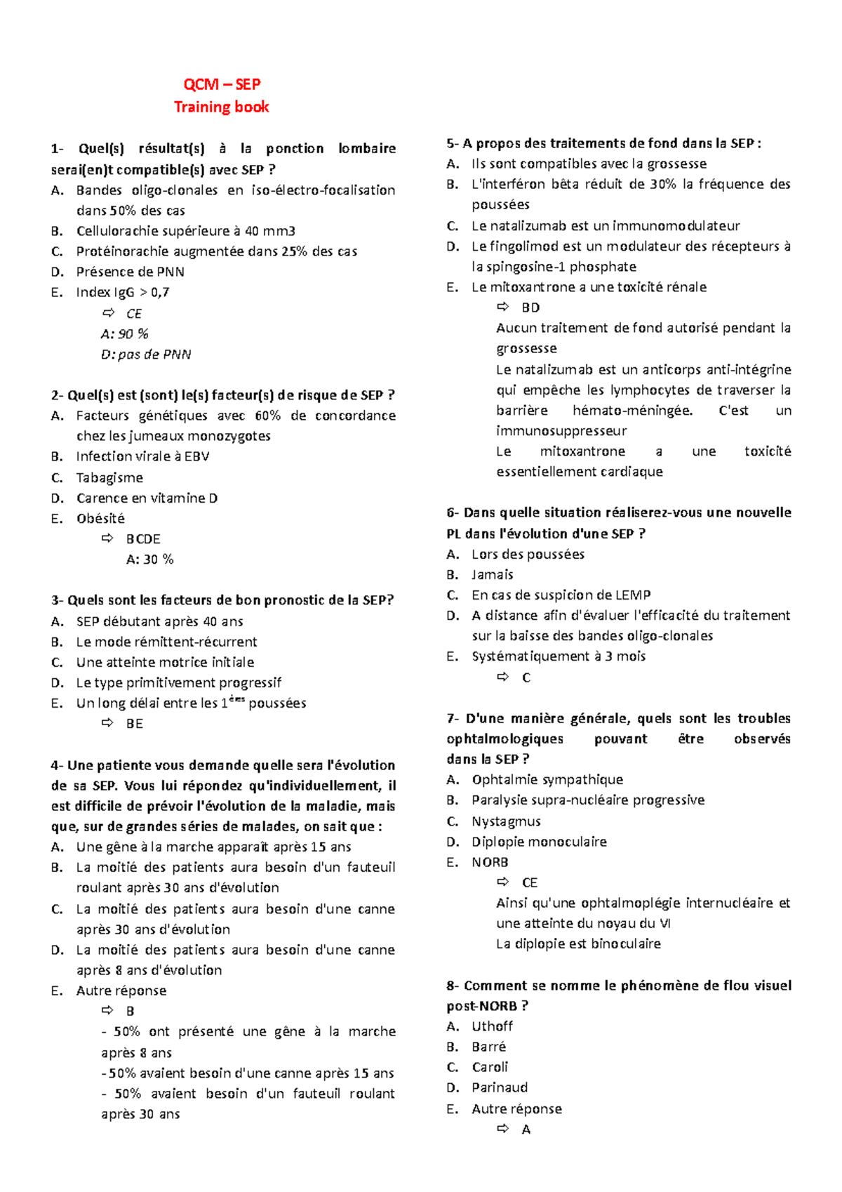 QCM - SEP - QCM sur la SEP - QCM – SEP Training book 1- Quel(s ...