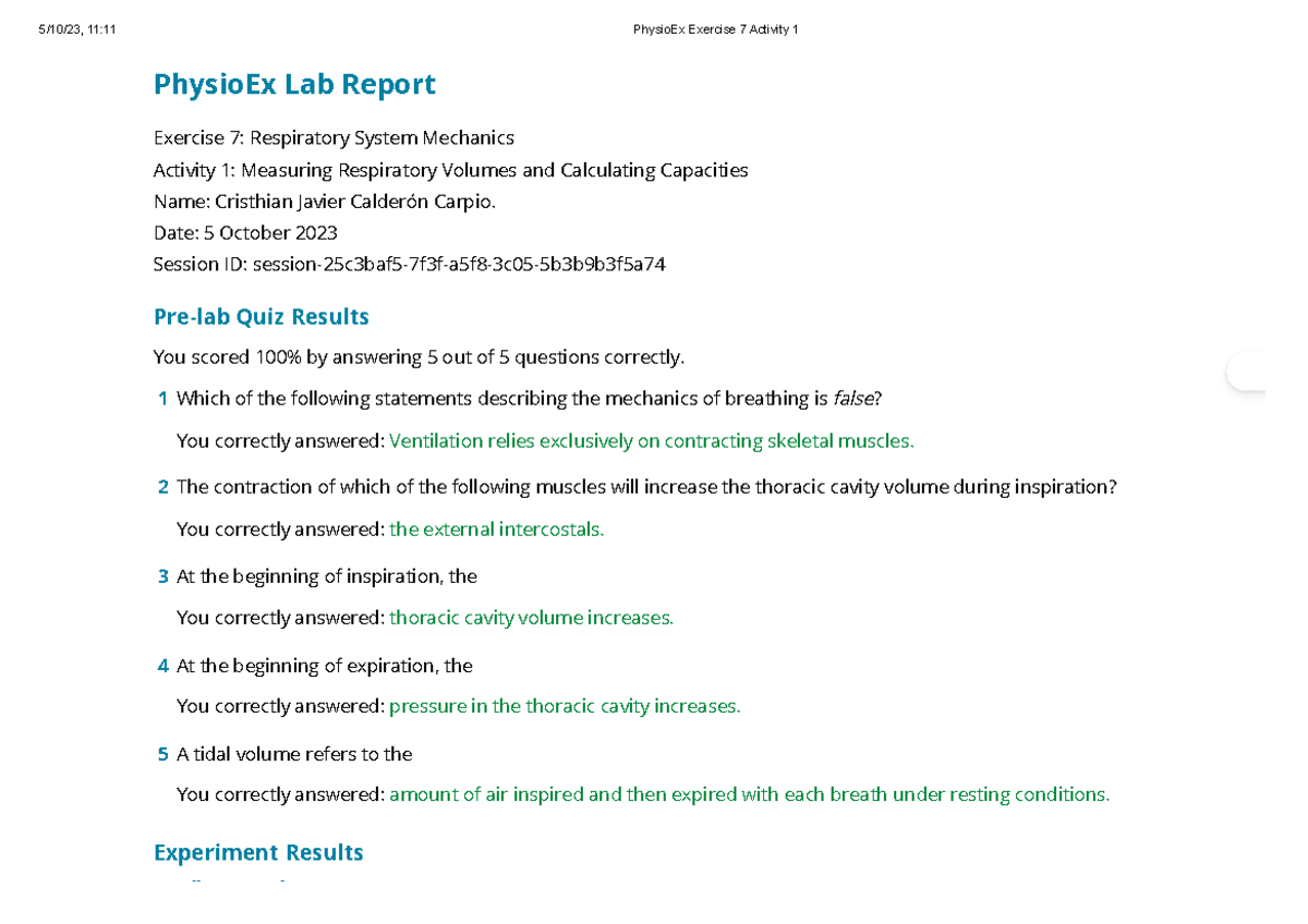 Physio Ex Exercise 7 Activity 1 - PhysioEx Lab Report Exercise 7 ...