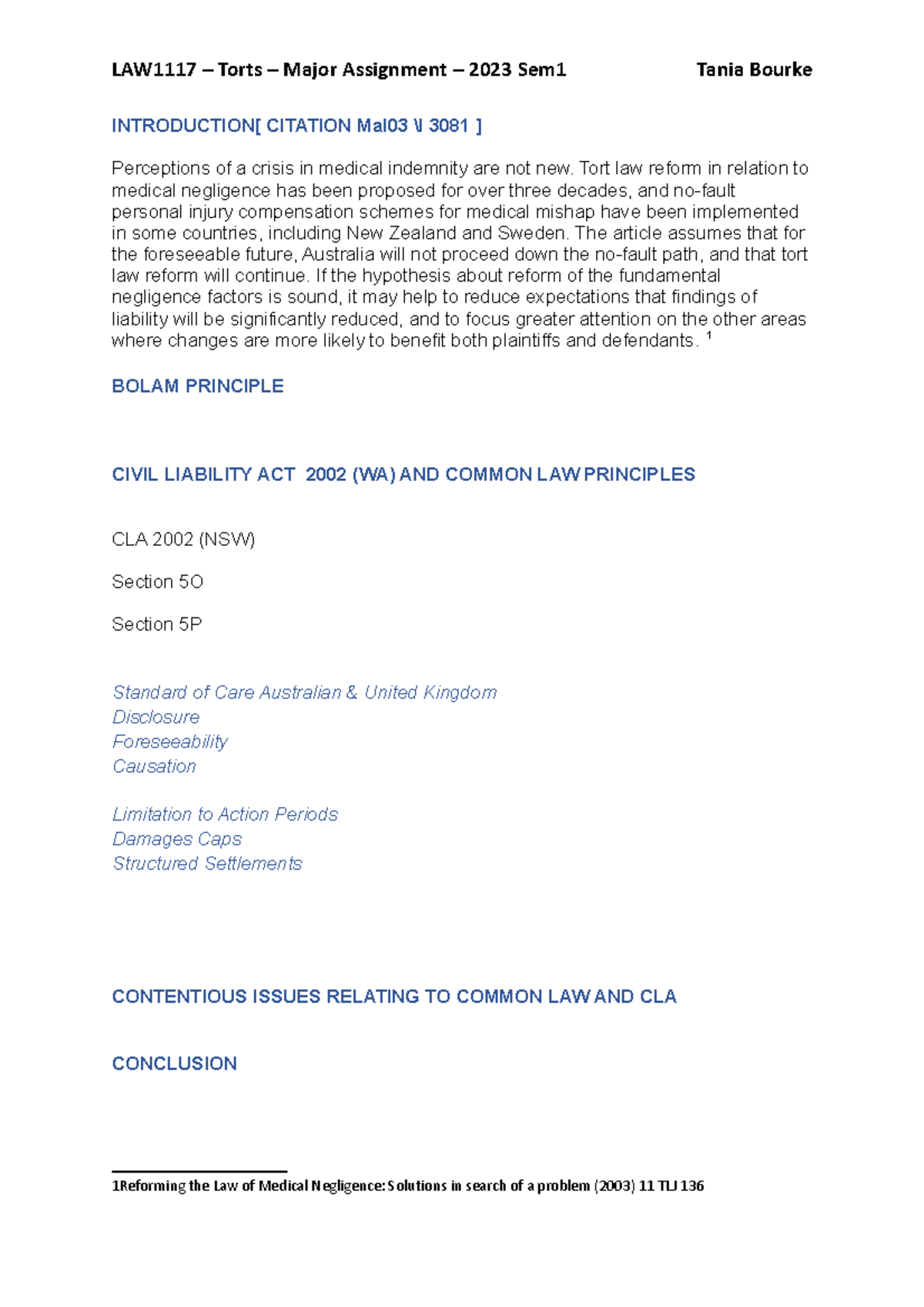 Torts 1117 -student docx - LAW1117 – Torts – Major Assignment – 2023 ...