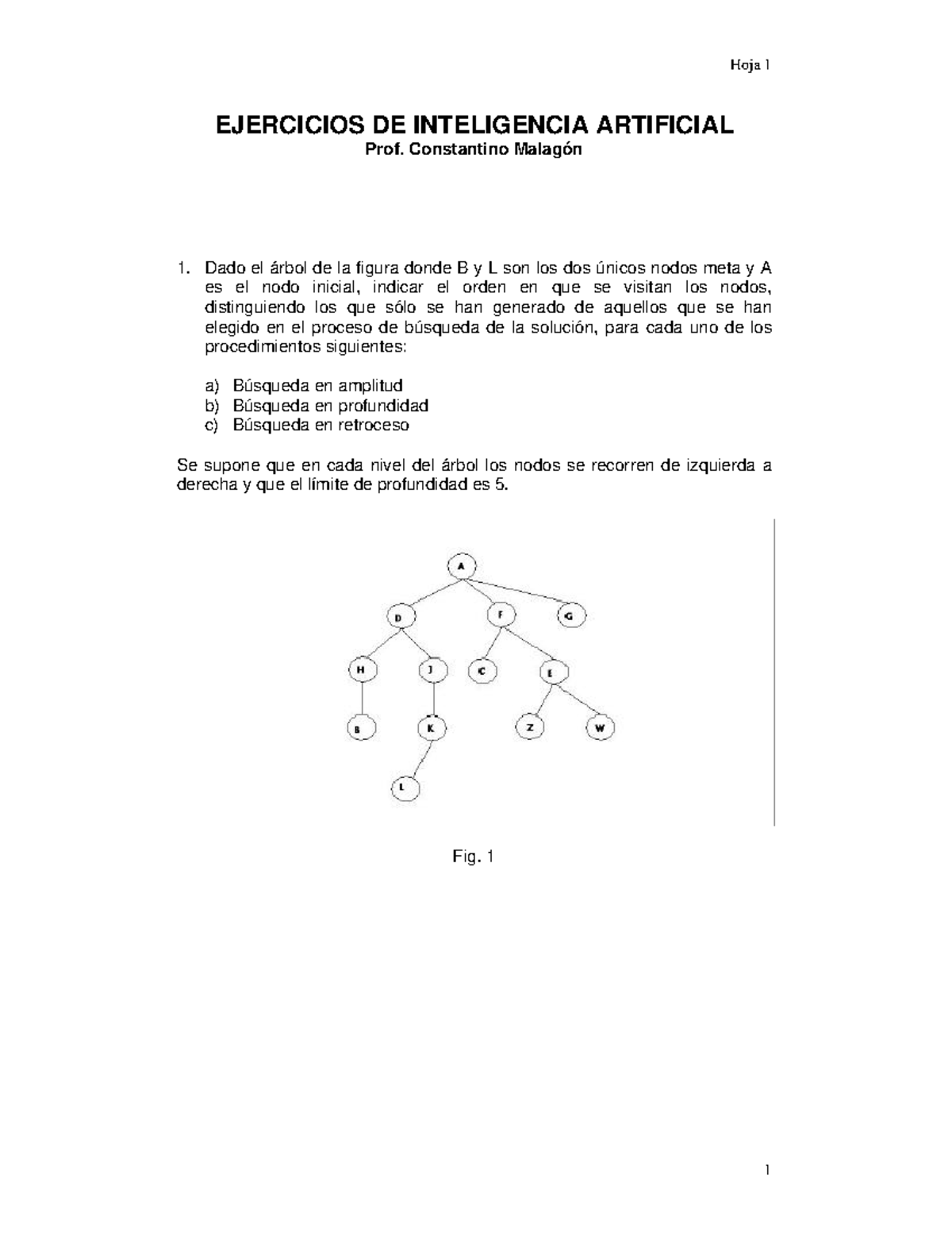 Ejercicios busqueda - EJERCICIOS DE INTELIGENCIA ARTIFICIAL Prof. Constantino Malagón Dado el ...
