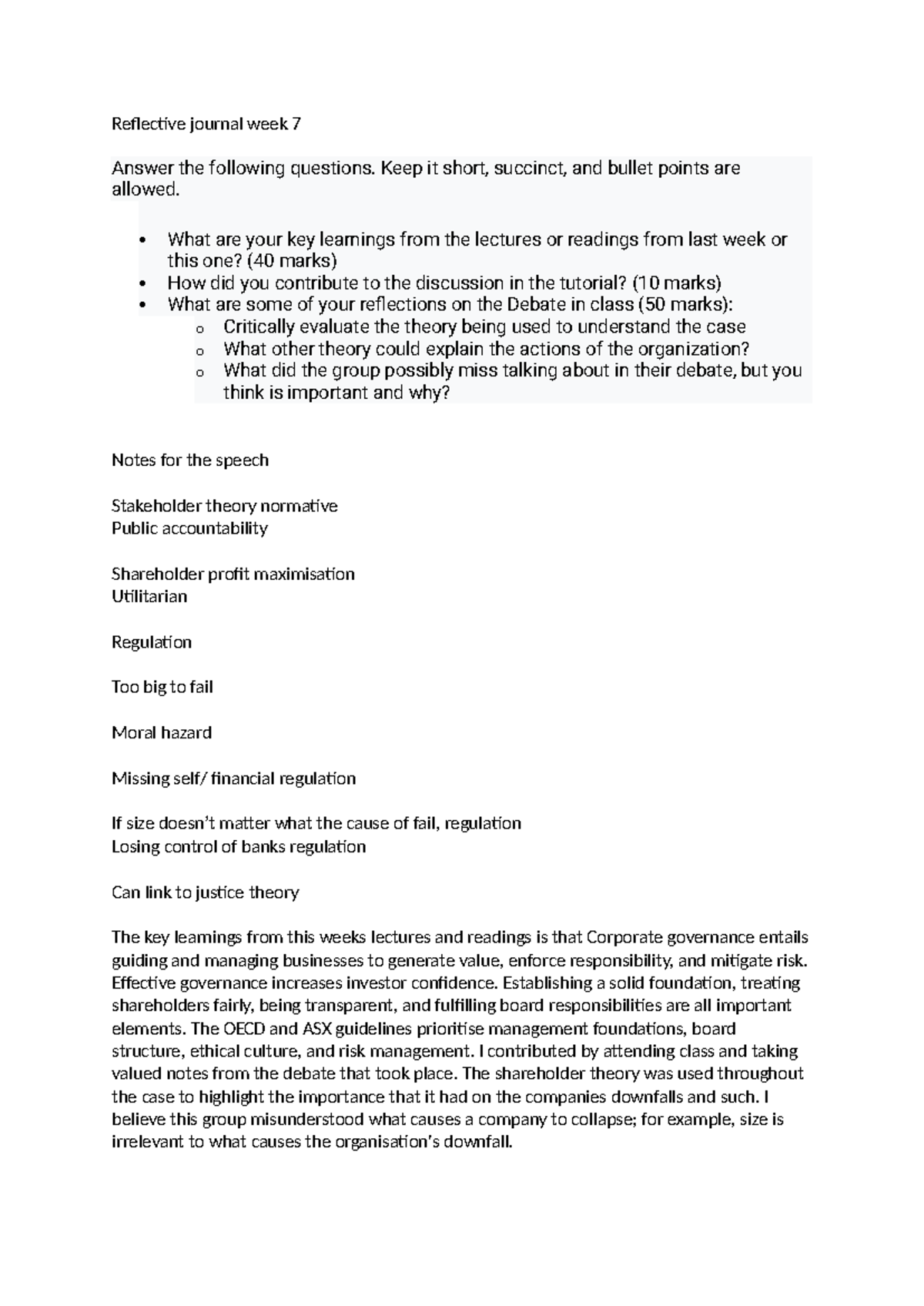 Reflective journal week 7 - Keep it short, succinct, and bullet points ...