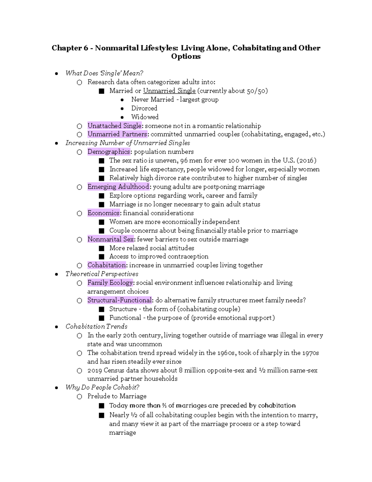 Hdfschapter 6 - Professor Dena Wyum - Chapter 6 - Nonmarital Lifestyles: Living Alone ...